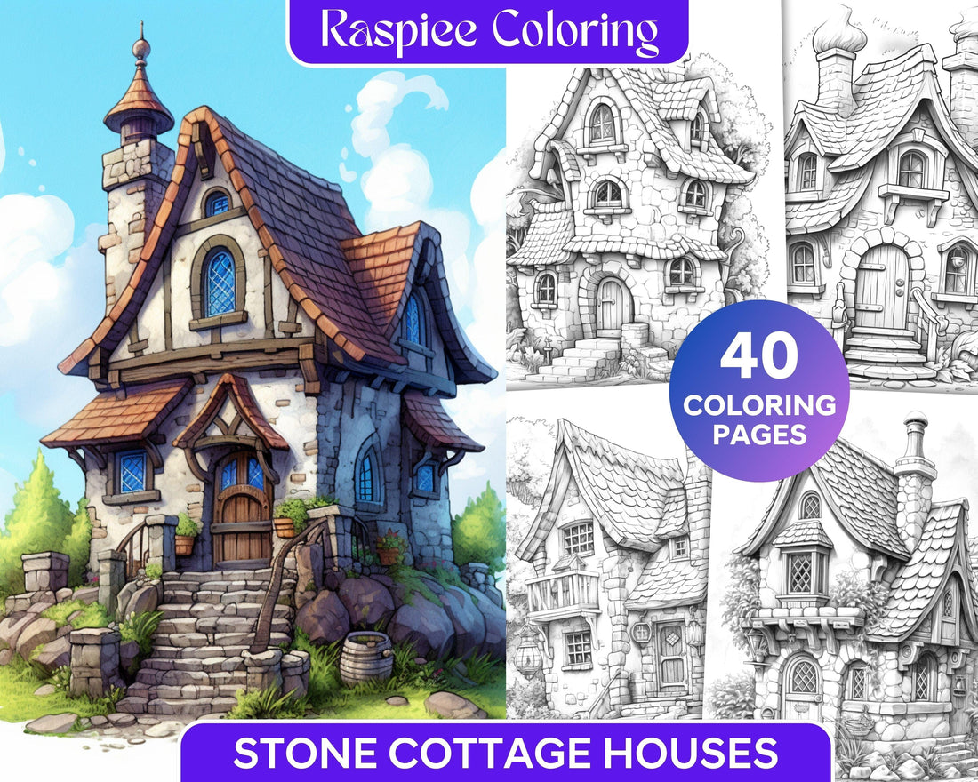 40 Stone Cottage Houses Grayscale Coloring Pages Printable for Adults,