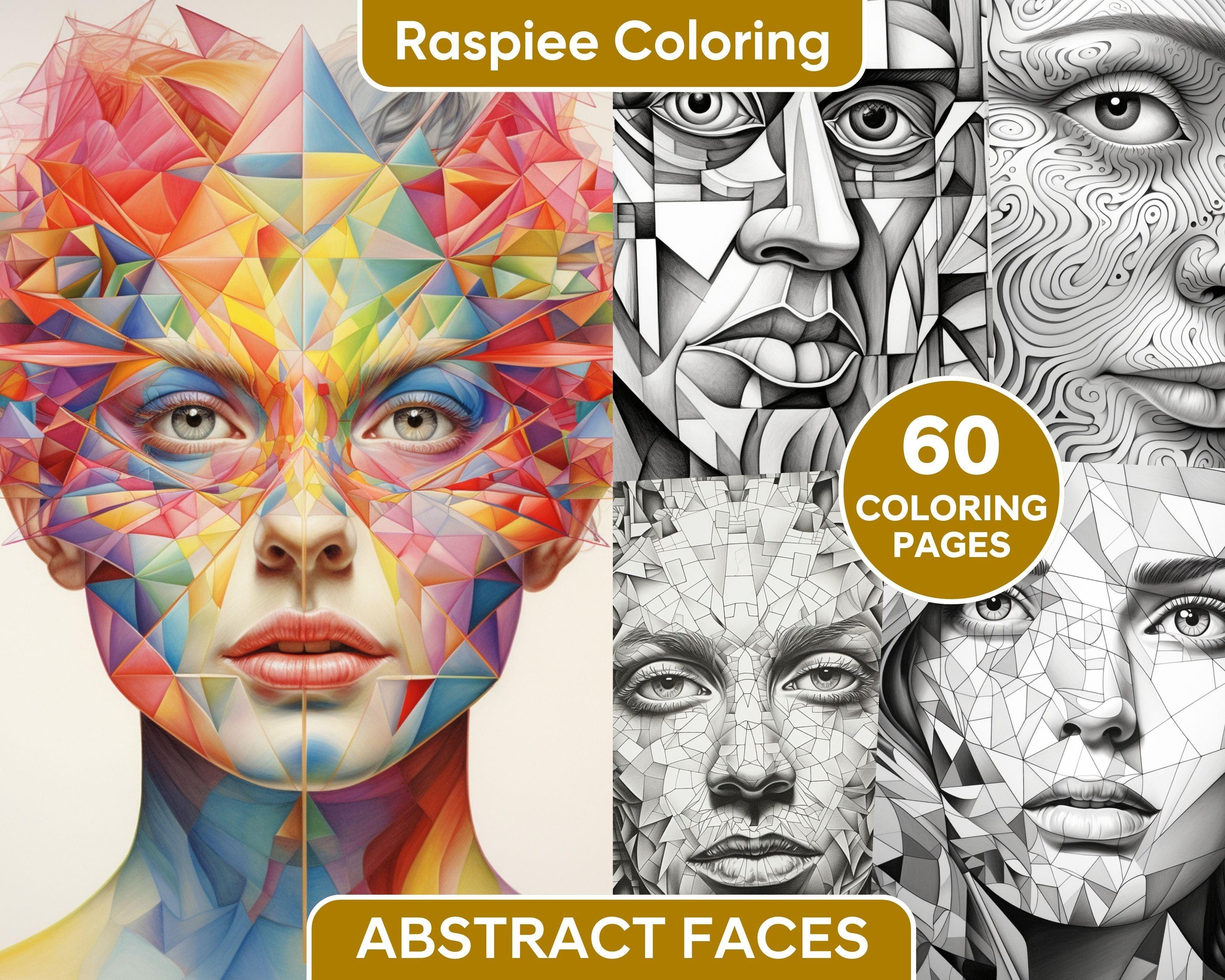 60 Abstract Faces Grayscale Adult Coloring Pages, Printable PDF Instan ...