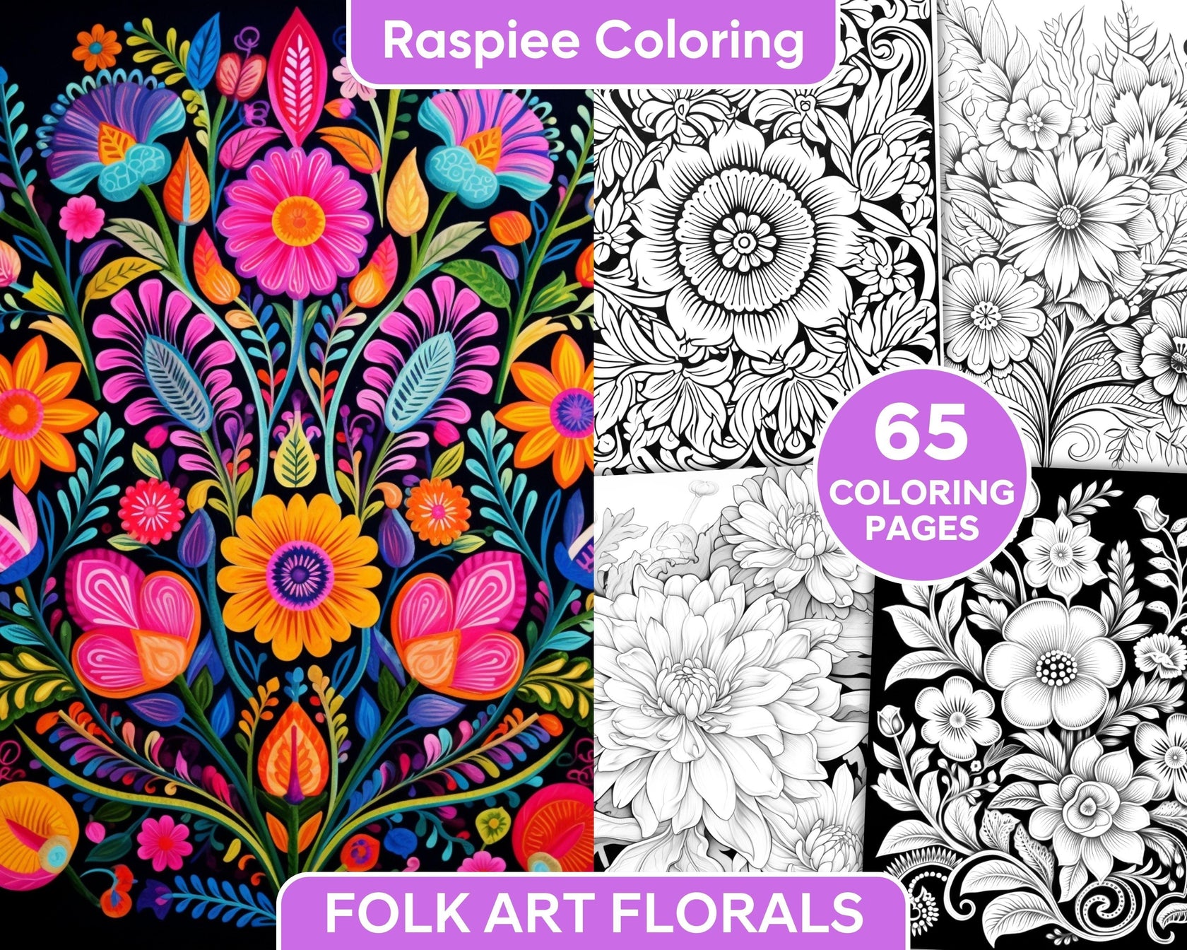 65 Folk Art Florals Grayscale Adult Coloring Pages, Printable PDF Inst ...
