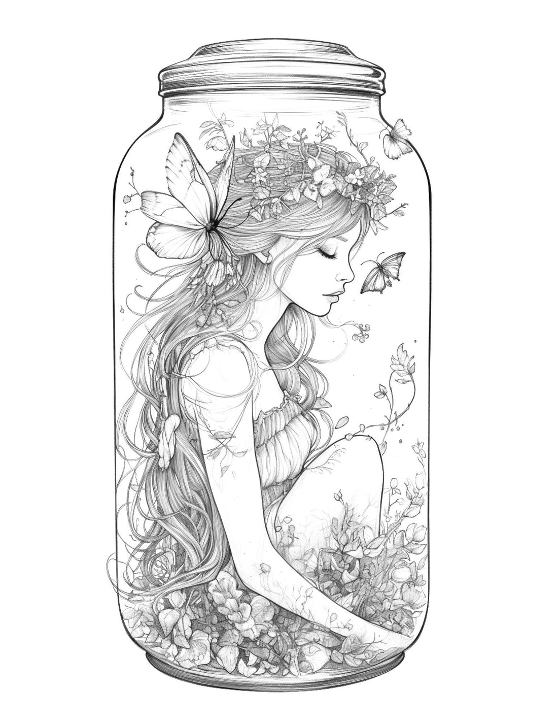 Fairy Girl in Jar Coloring Pages for Adults, Free Printable PDF Instan