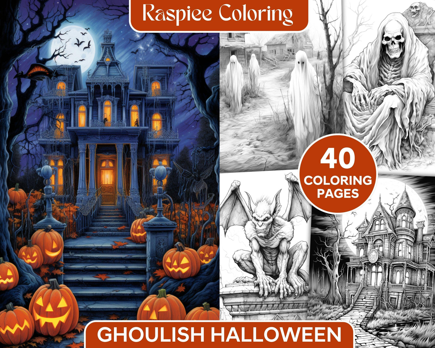 Ghoulish Halloween Grayscale Coloring Pages Printable for Adults, PDF