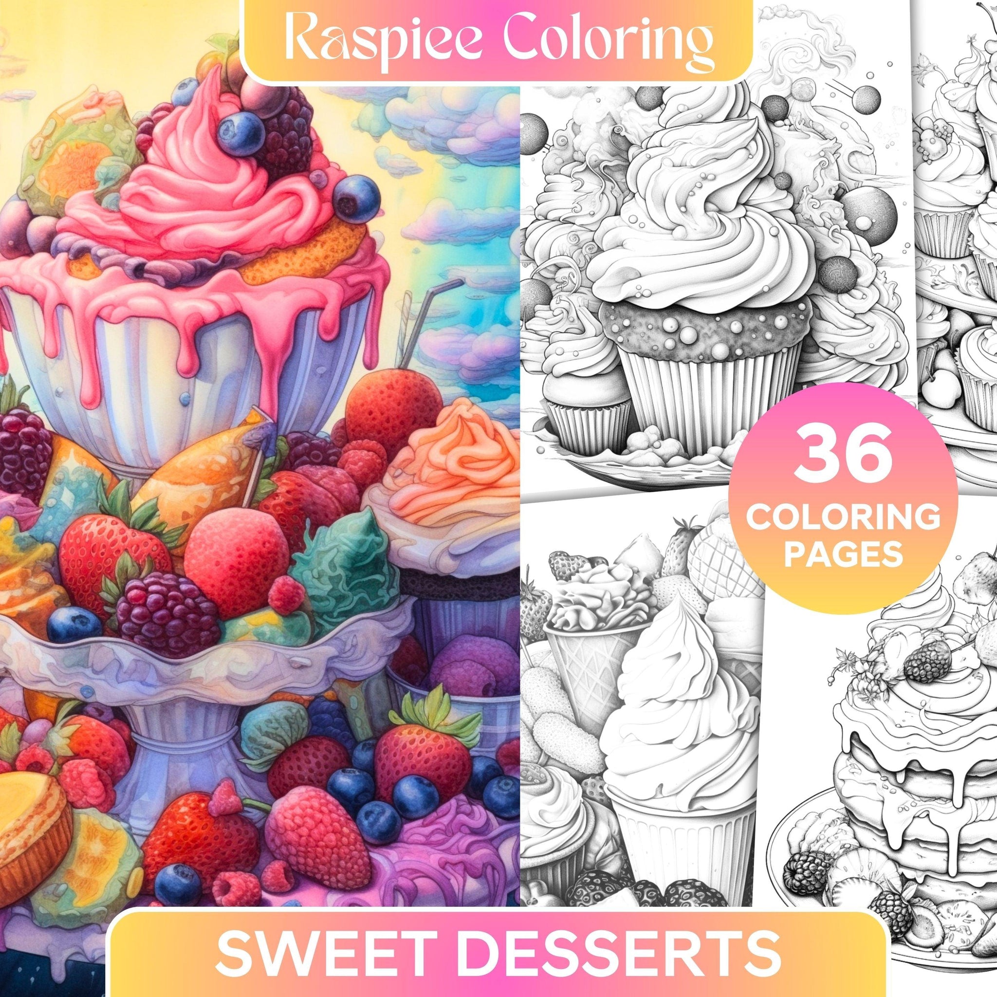 36 Sweet Desserts Coloring Pages Printable for Adults, Grayscale Color