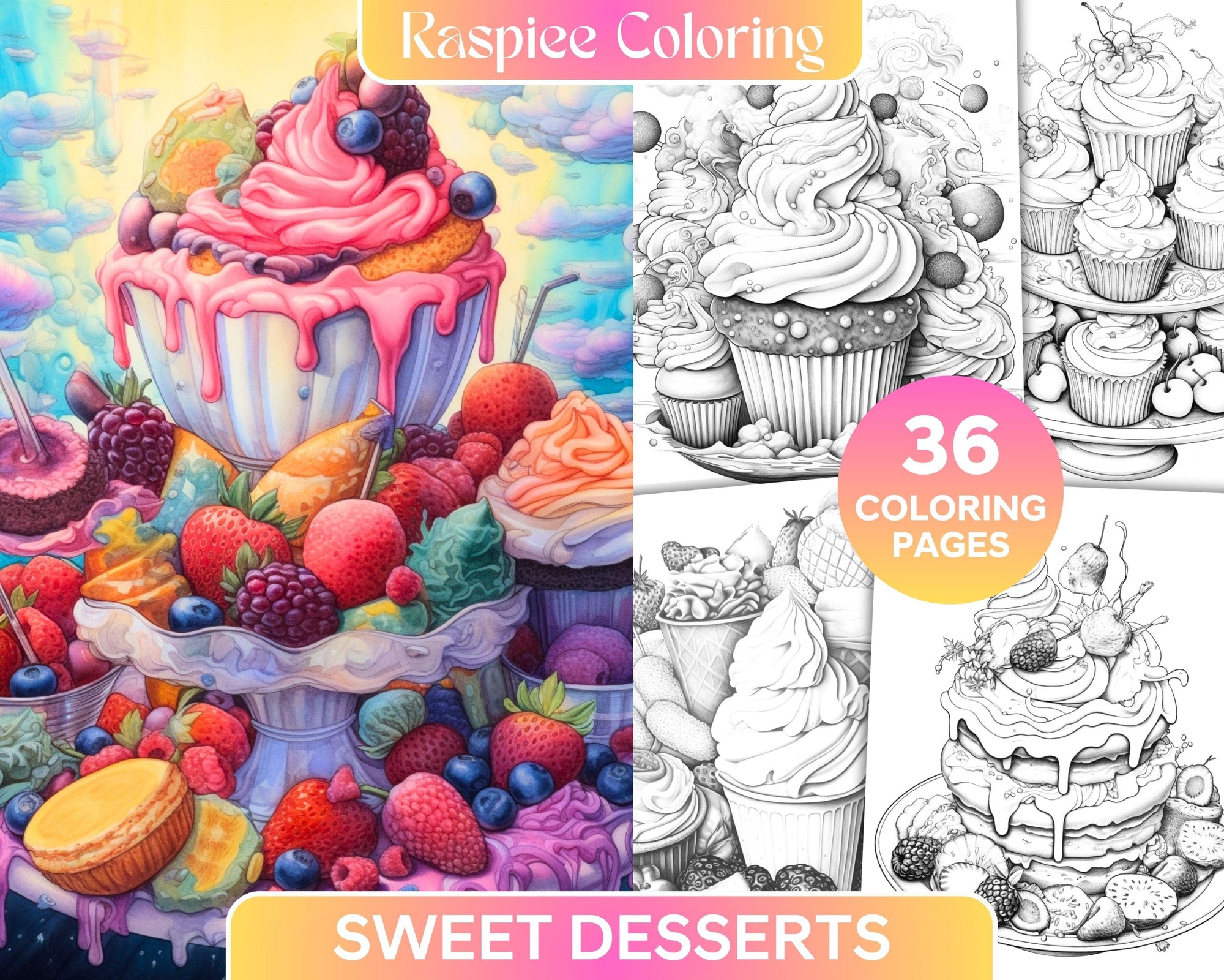 36 Sweet Desserts Coloring Pages Printable for Adults, Grayscale Color