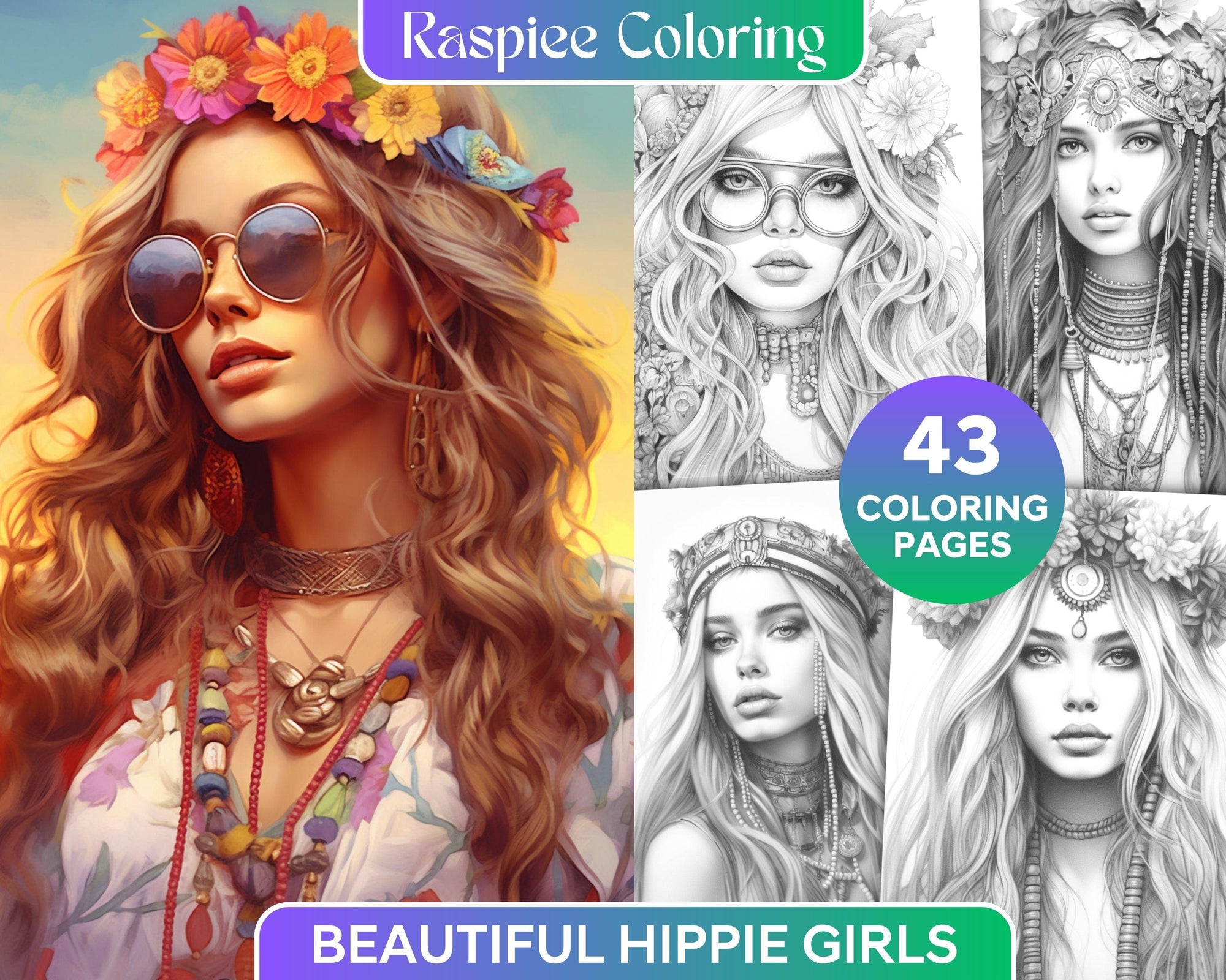 43 Beautiful Hippie Girls Grayscale Coloring Pages Printable for Adult