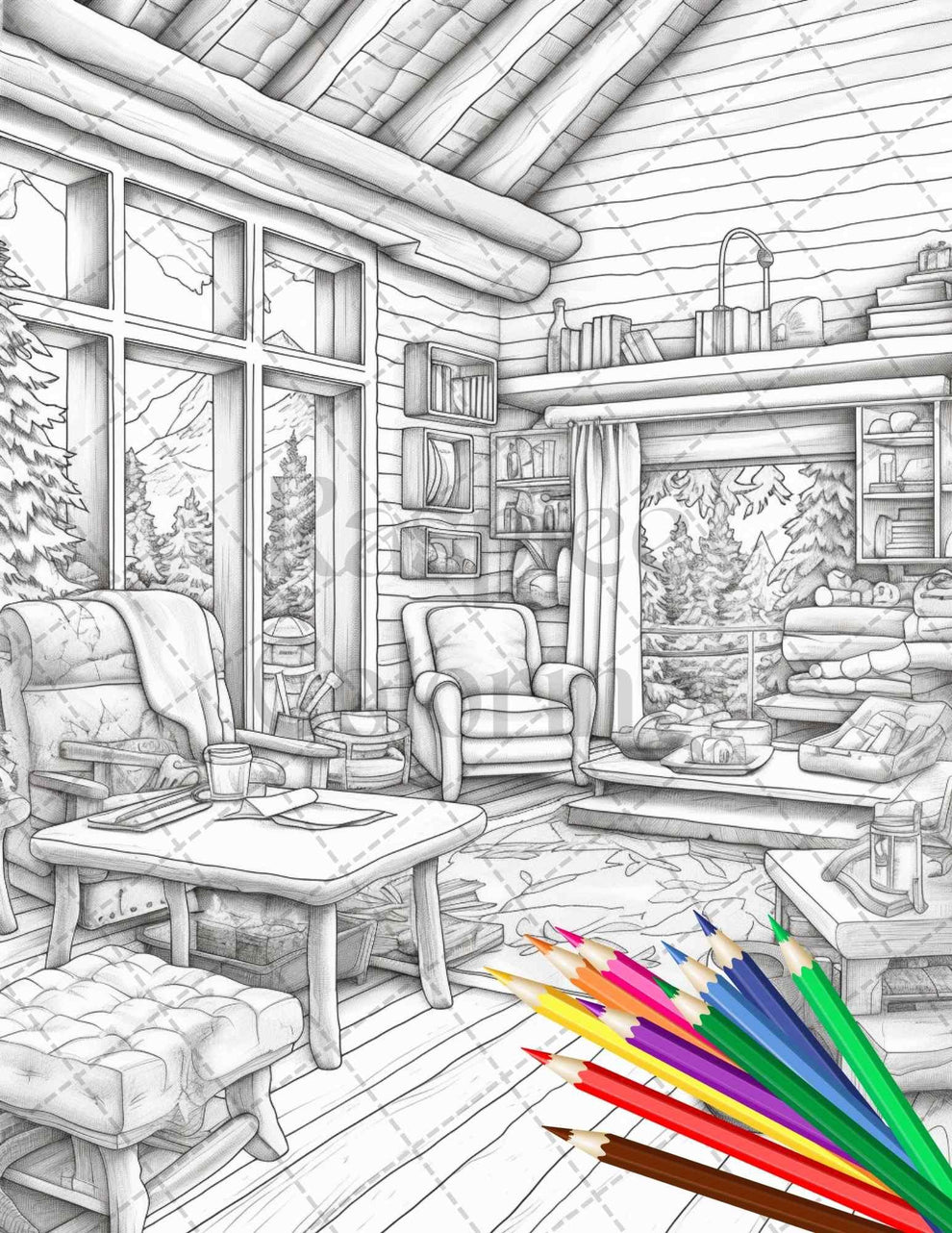 Cozy Cabin Interior Grayscale Coloring Pages Printable for Adults, PDF