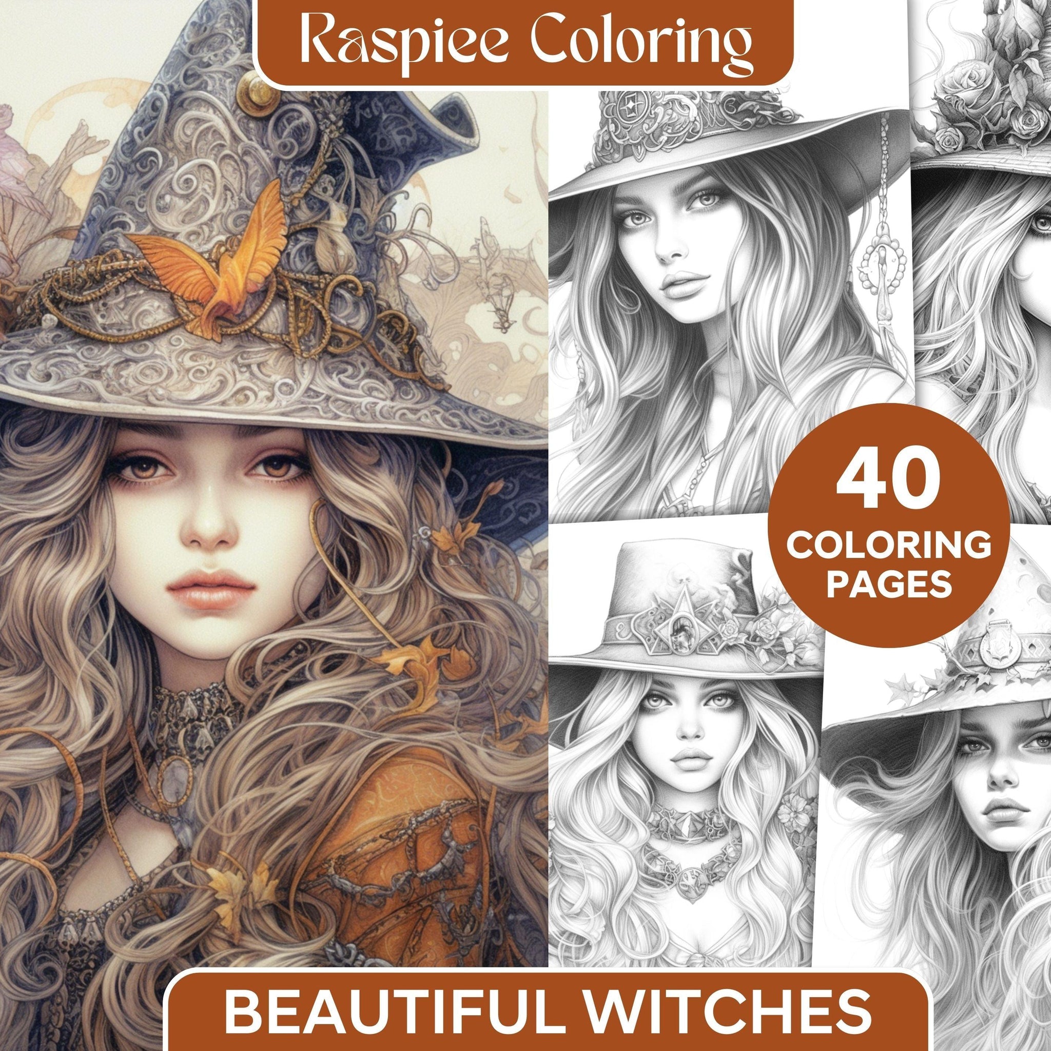 40 Beautiful Witches Grayscale Coloring Pages Printable for Adults, PD