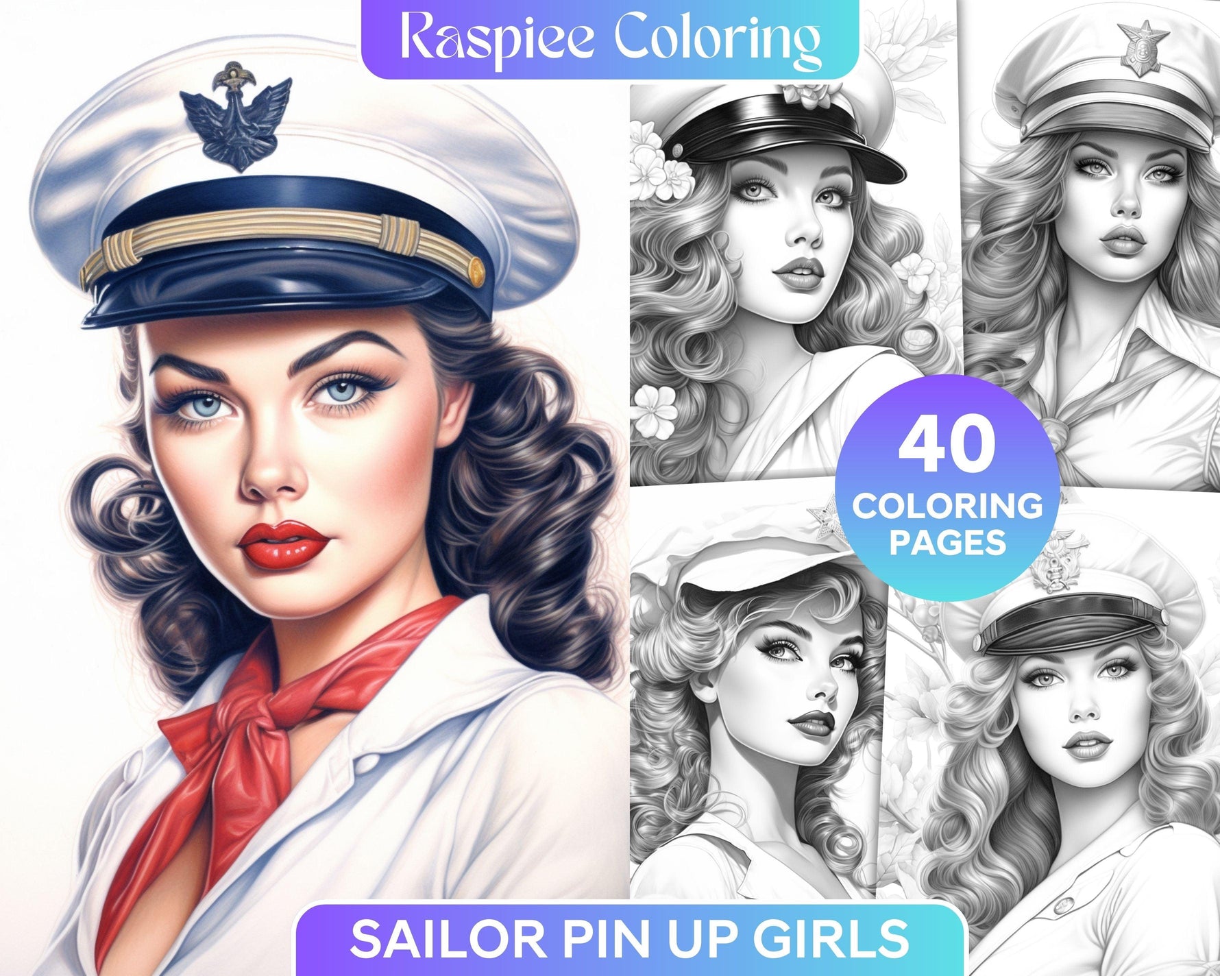40 Sailor Pin Up Girls Grayscale Coloring Pages Printable for Adults,