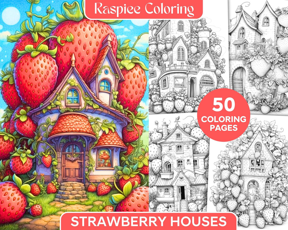 50 Strawberry Houses Grayscale Coloring Pages Printable for Adults Kid