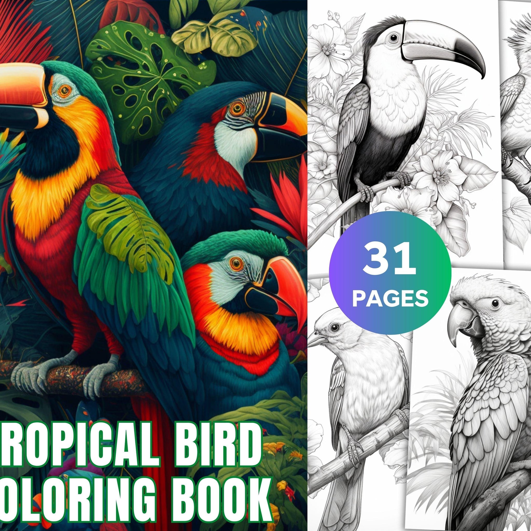 31 Tropical Birds Coloring Book for Adults, Grayscale Coloring Page, P
