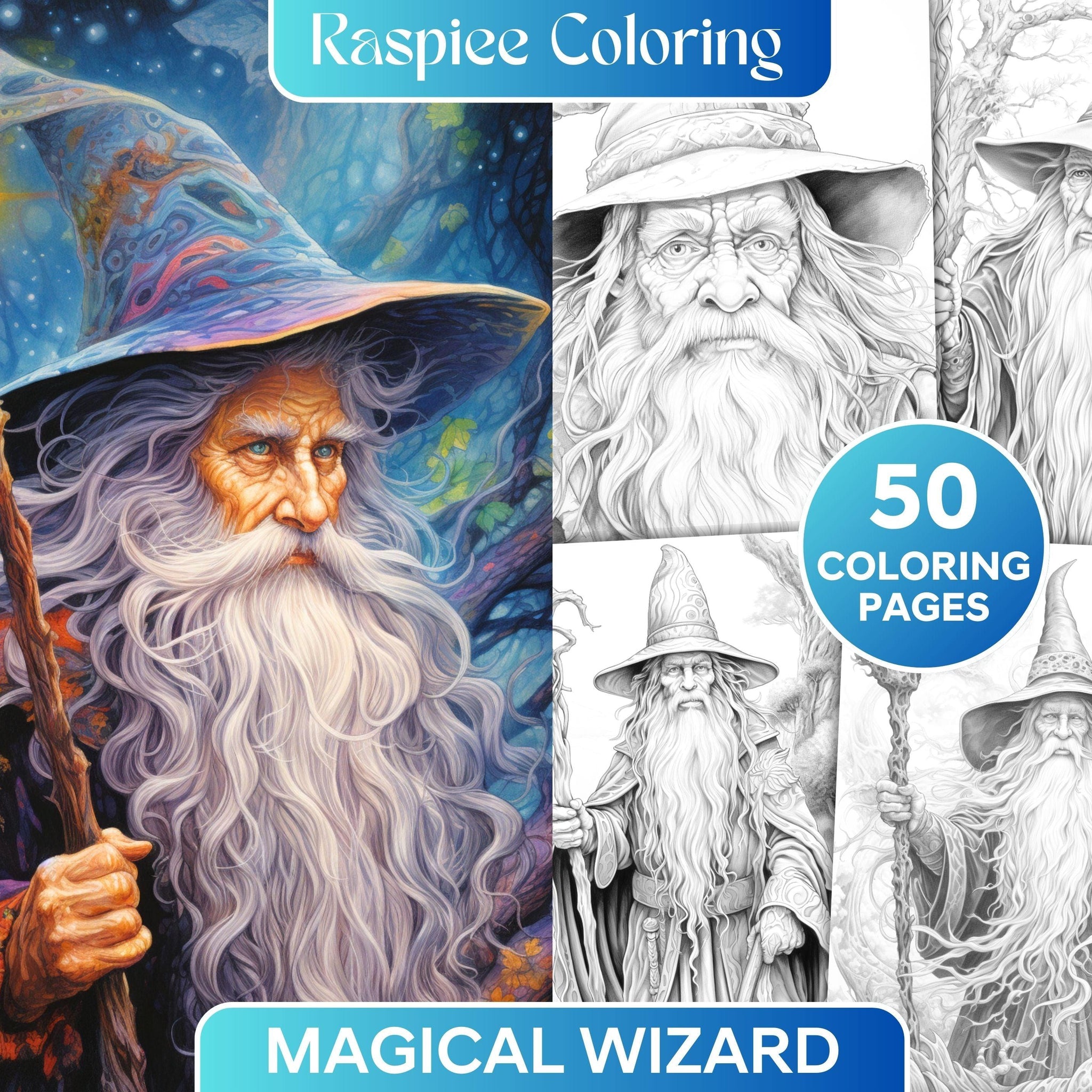 50 Magical Wizard Grayscale Coloring Pages for Adults, Printable PDF F