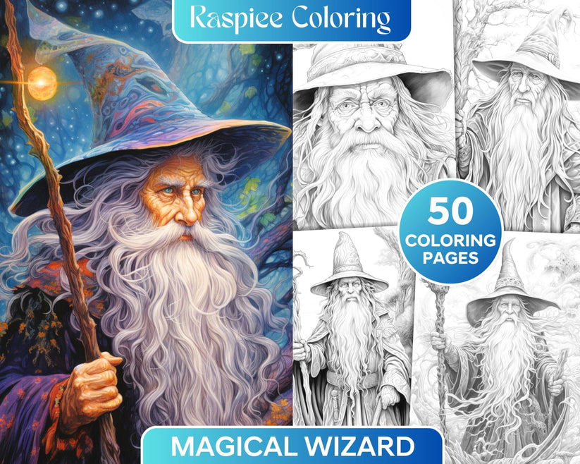 50 Magical Wizard Grayscale Coloring Pages for Adults, Printable PDF F