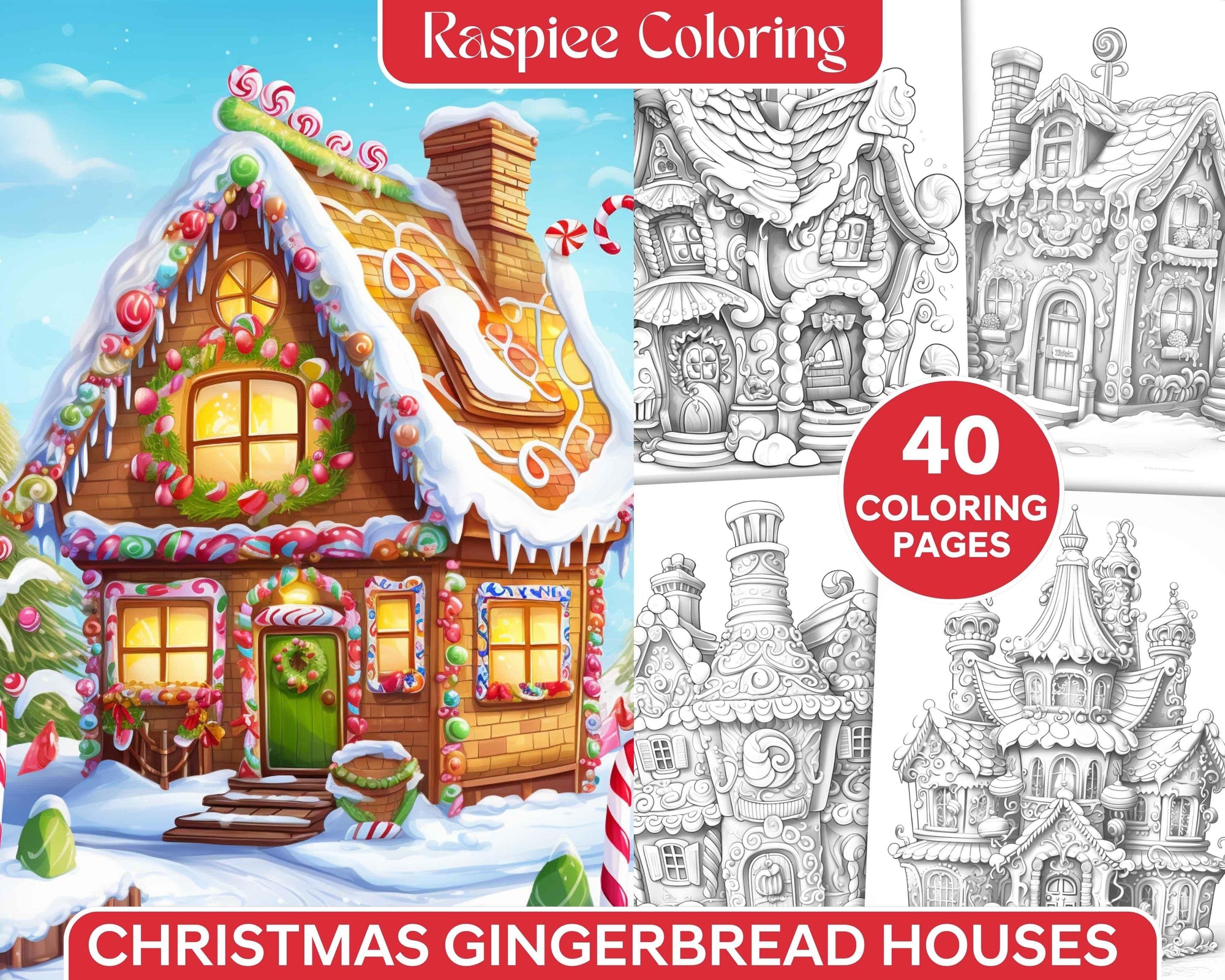 40 Christmas Gingerbread Houses Grayscale Coloring Pages Printable for