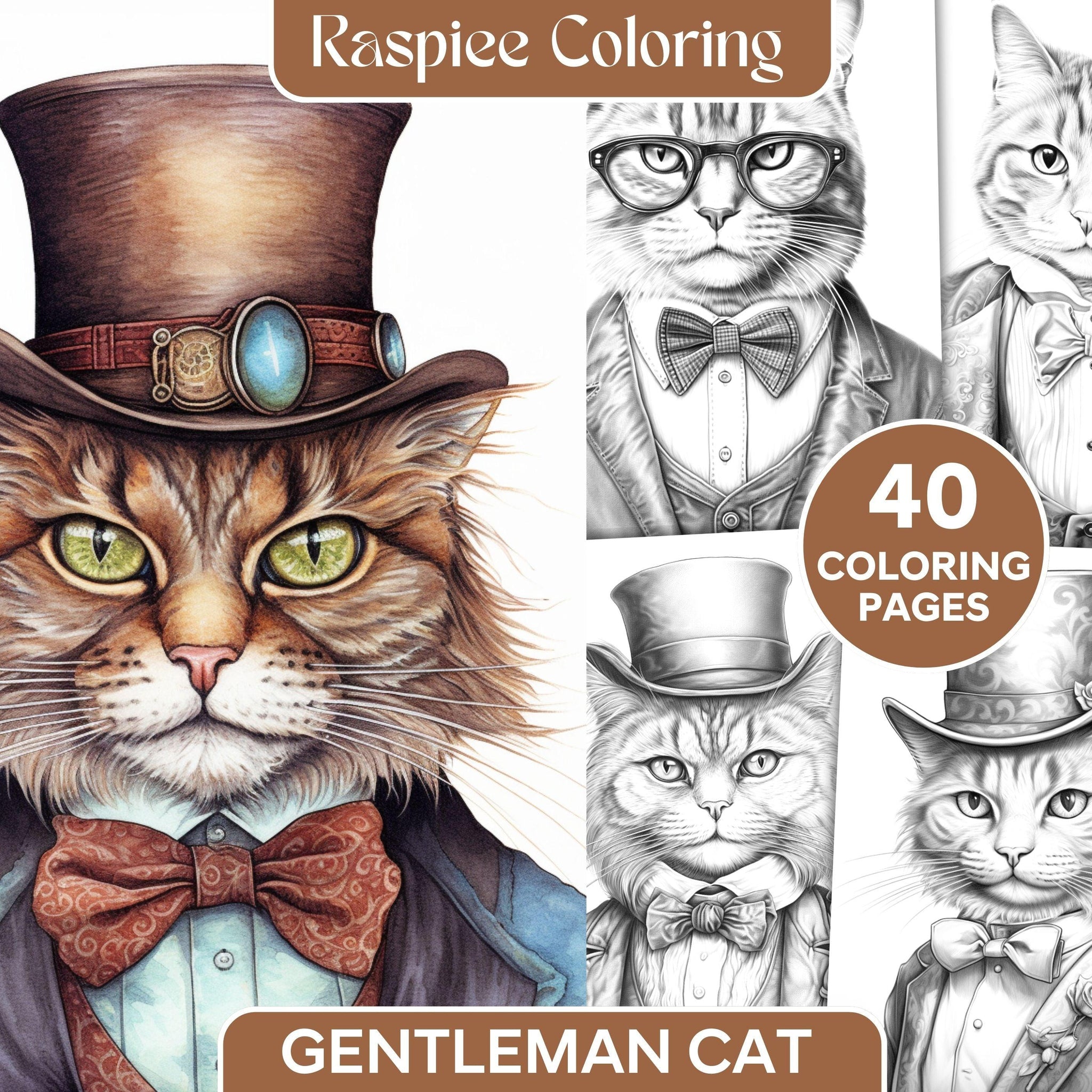 Gentleman Cat Grayscale Coloring Pages Printable for Adults Kids, PDF