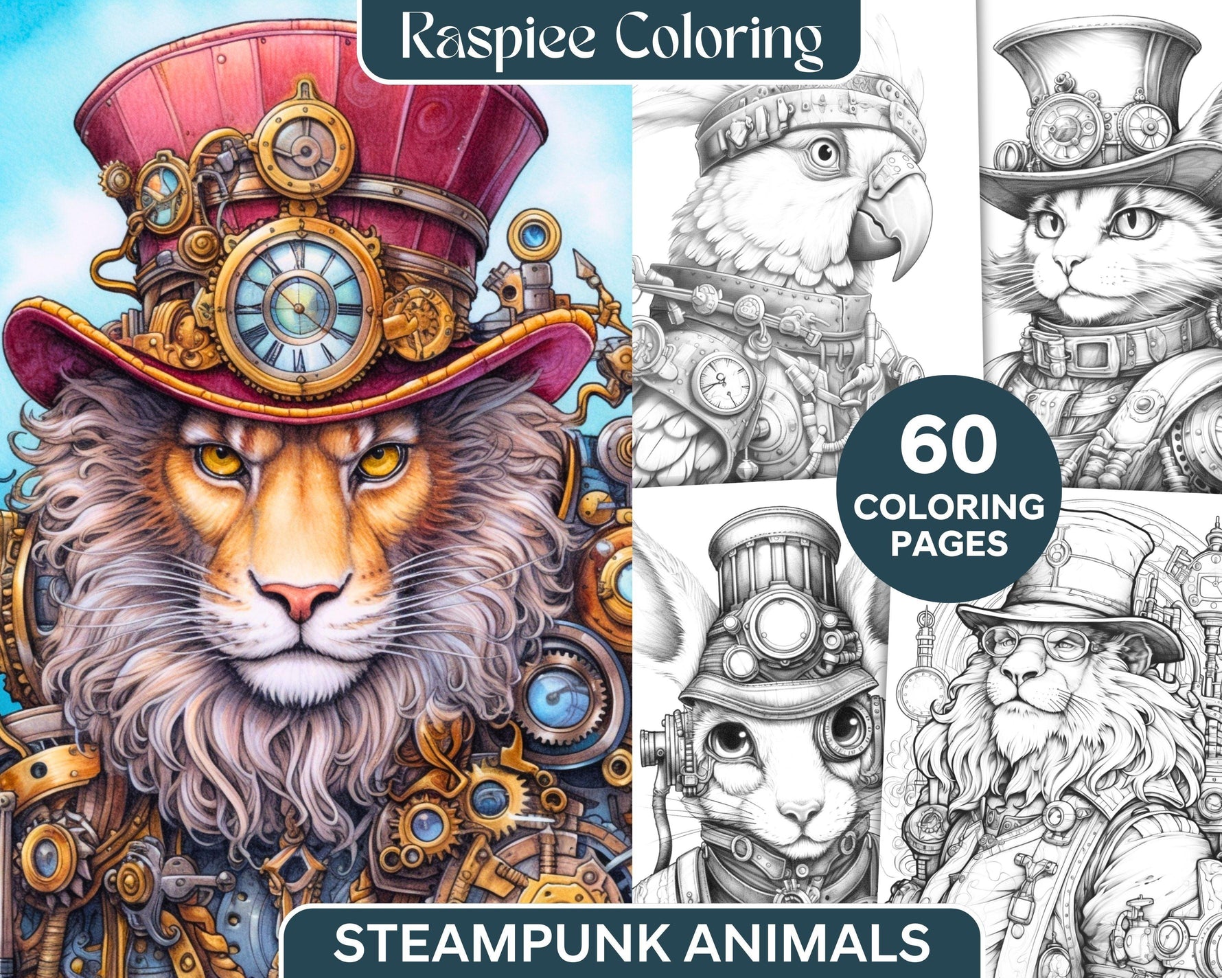 60 Steampunk Animals Grayscale Coloring Pages Printable for Adults, PD