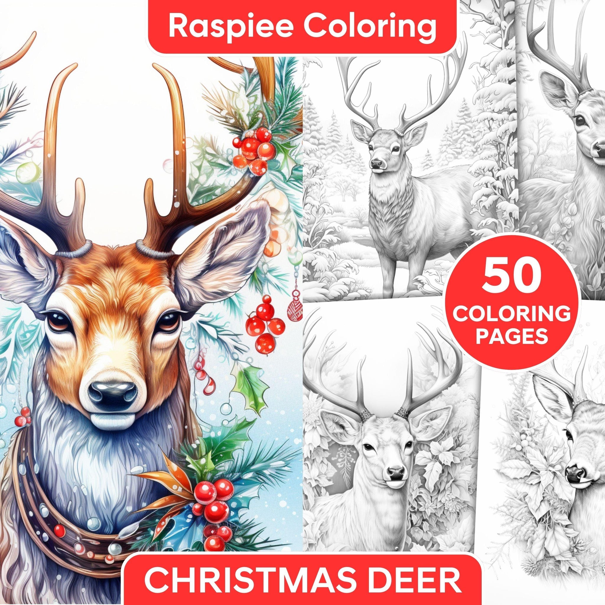 50 Christmas Deer Grayscale Coloring Pages for Adults, Printable PDF I