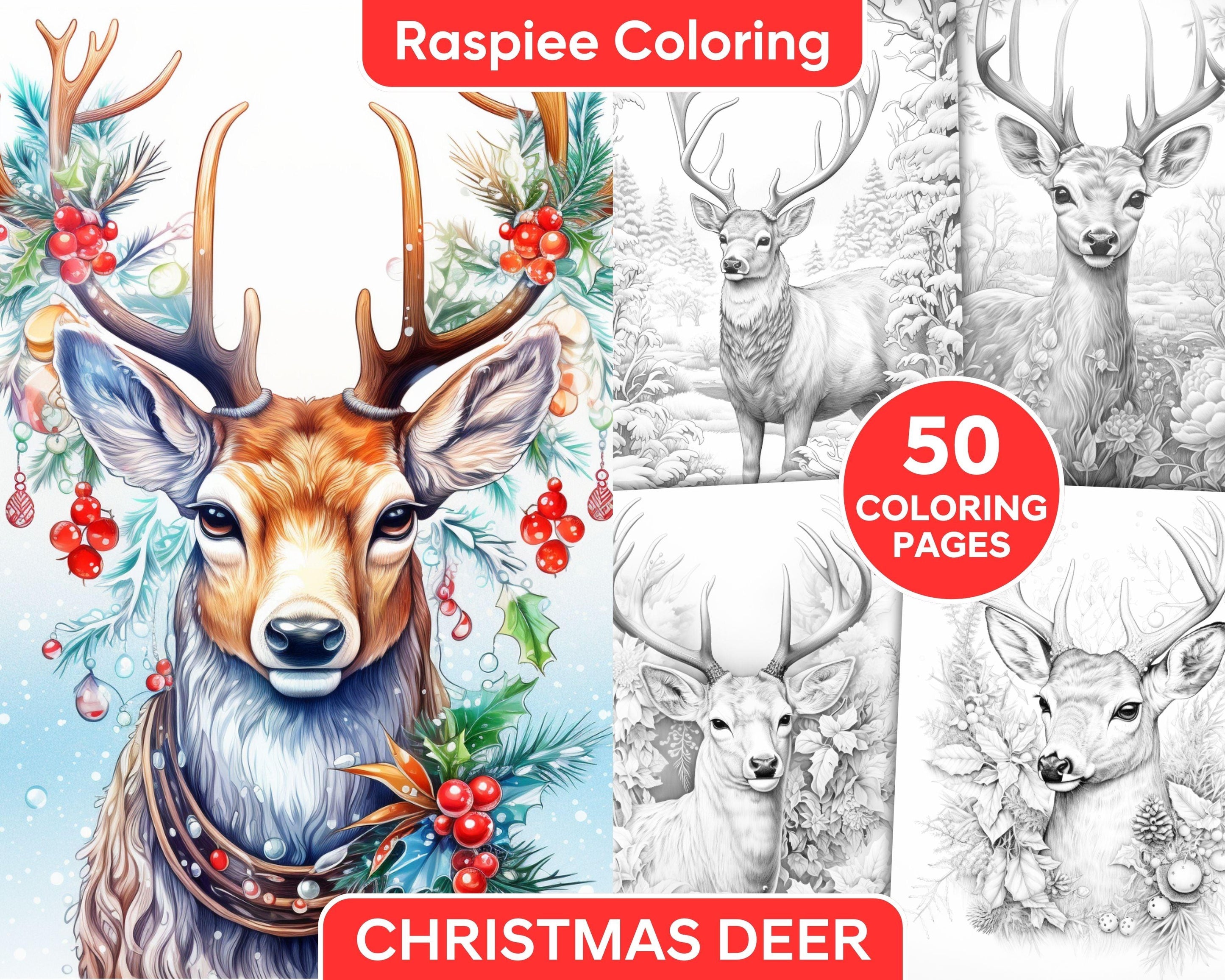 50 Christmas Deer Grayscale Coloring Pages for Adults, Printable PDF I ...