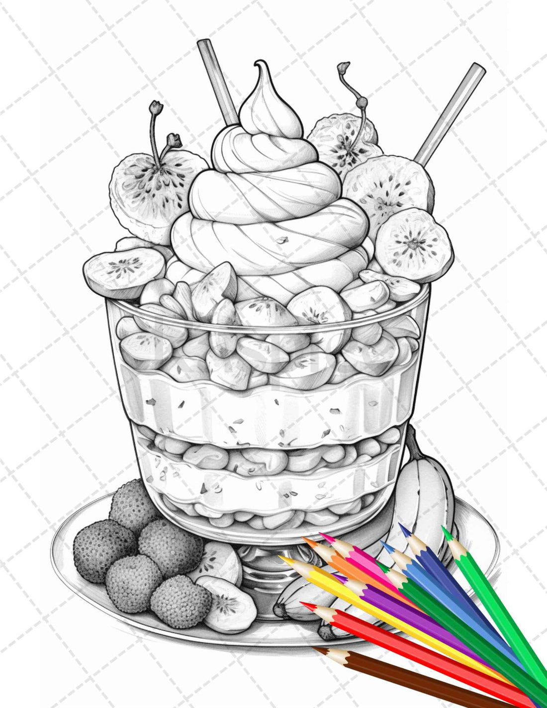 36 Sweet Desserts Coloring Pages Printable for Adults, Grayscale Color