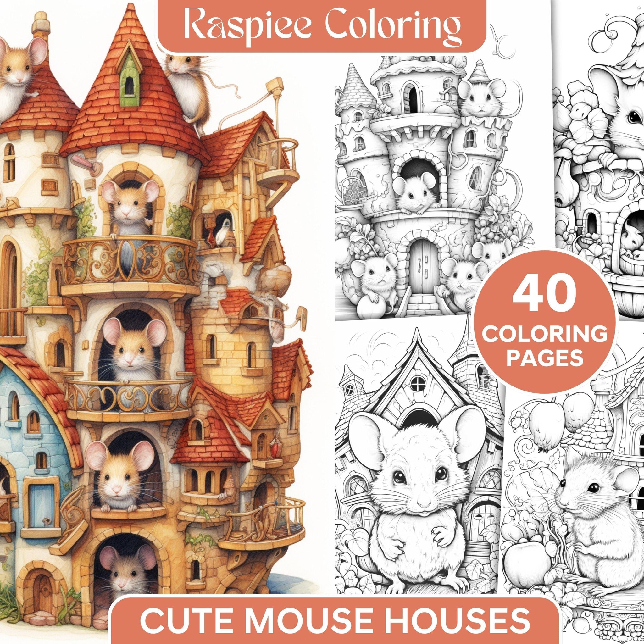 40 Magical Mouse Houses Grayscale Coloring Pages Printable for Adults,