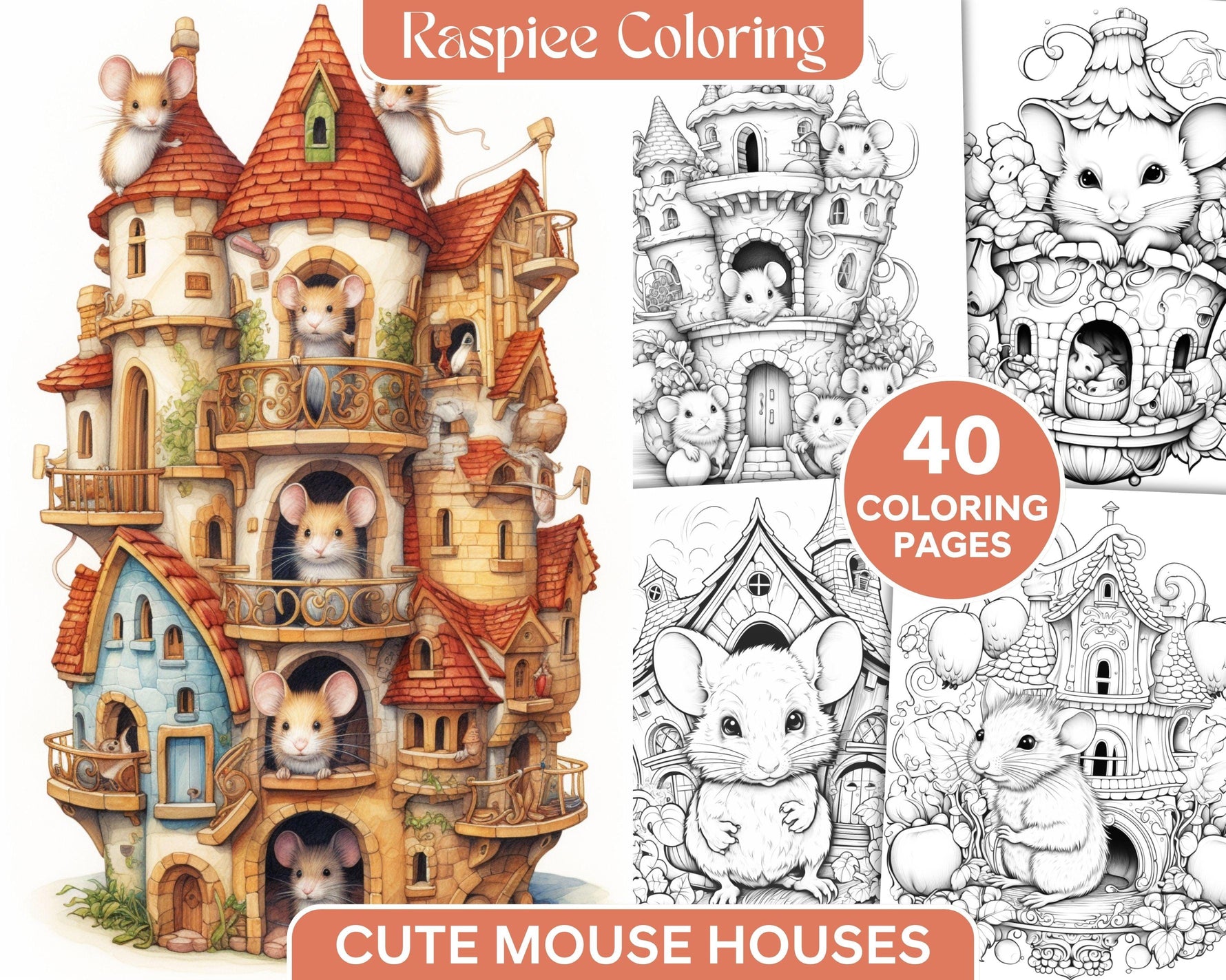 40 Magical Mouse Houses Grayscale Coloring Pages Printable for Adults,