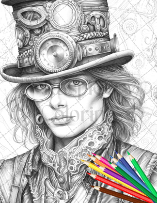 42 Steampunk Mens Grayscale Coloring Pages Printable for Adults, PDF F ...