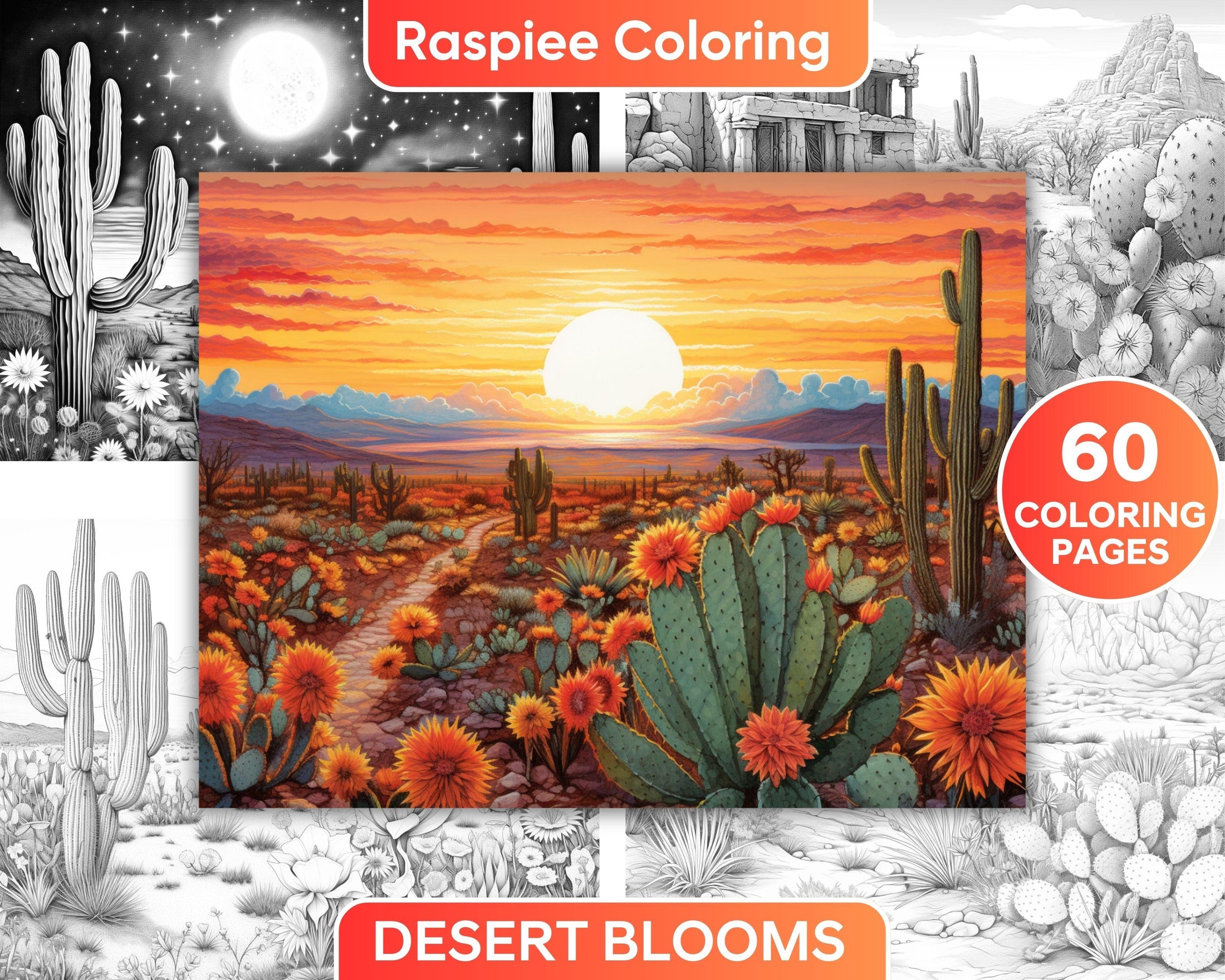 60 Desert Blooms Landscapes Grayscale Adult Coloring Pages, Printable ...