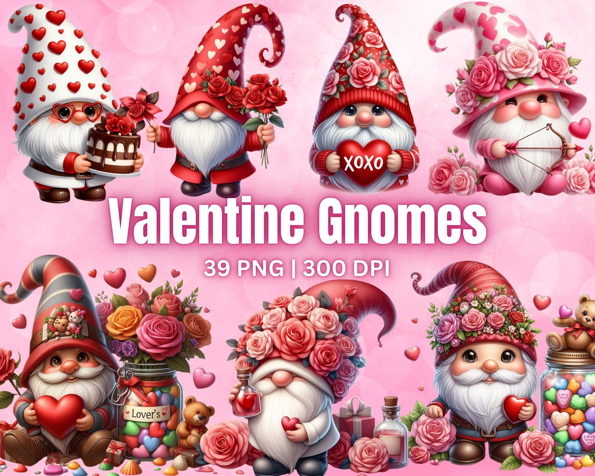 Adorable Valentine Gnomes Clip Art Bundle, 39 PNG High-Res Files for C ...