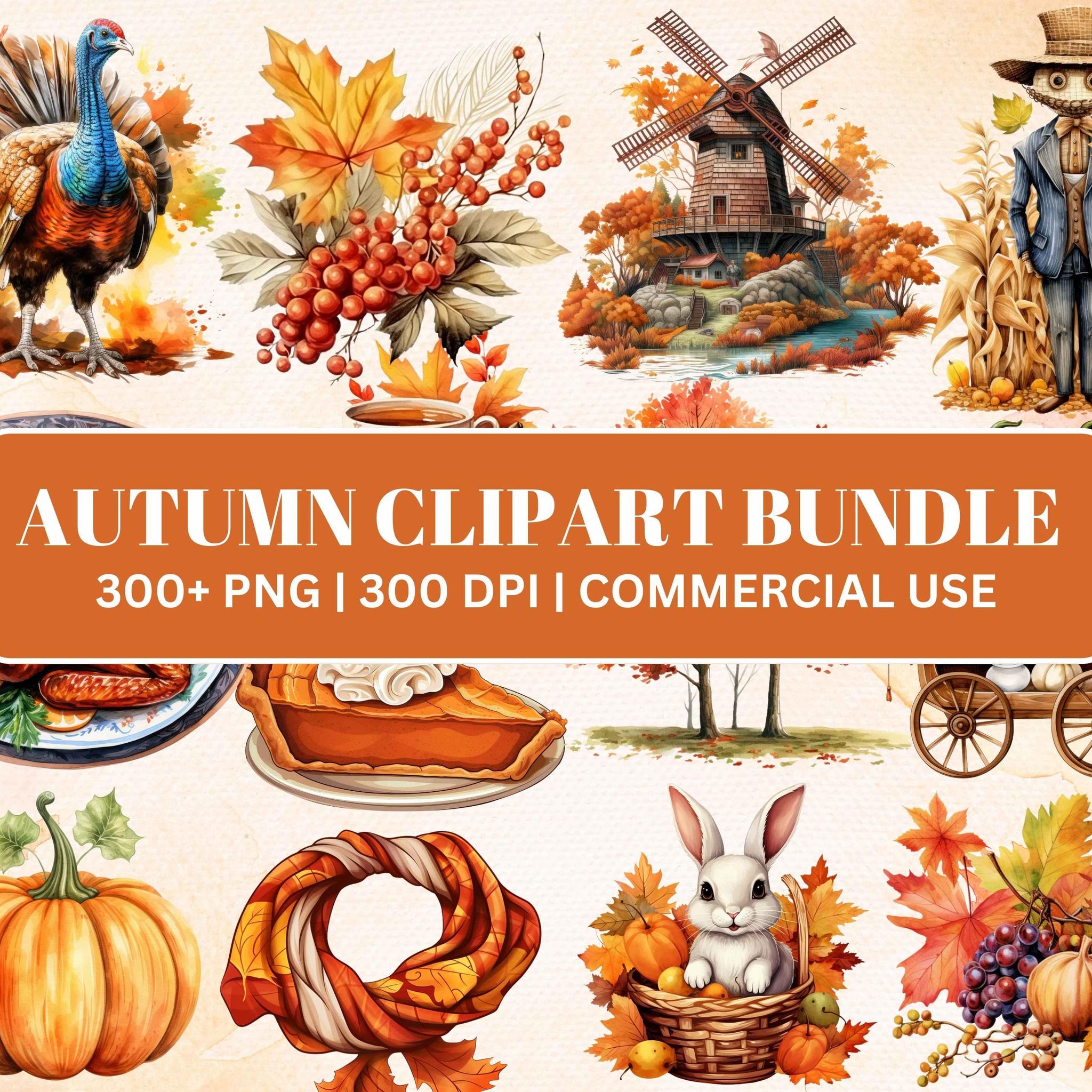 300+ PNG Watercolor Autumn Clipart Mega Bundle, Fall Season Illustrati