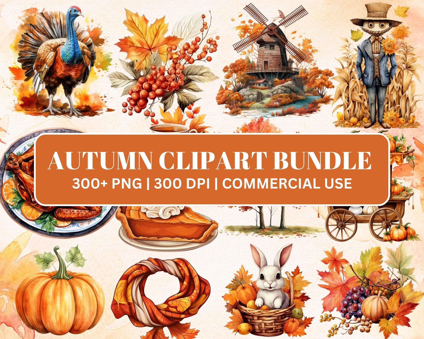 300+ PNG Watercolor Autumn Clipart Mega Bundle, Fall Season Illustrati