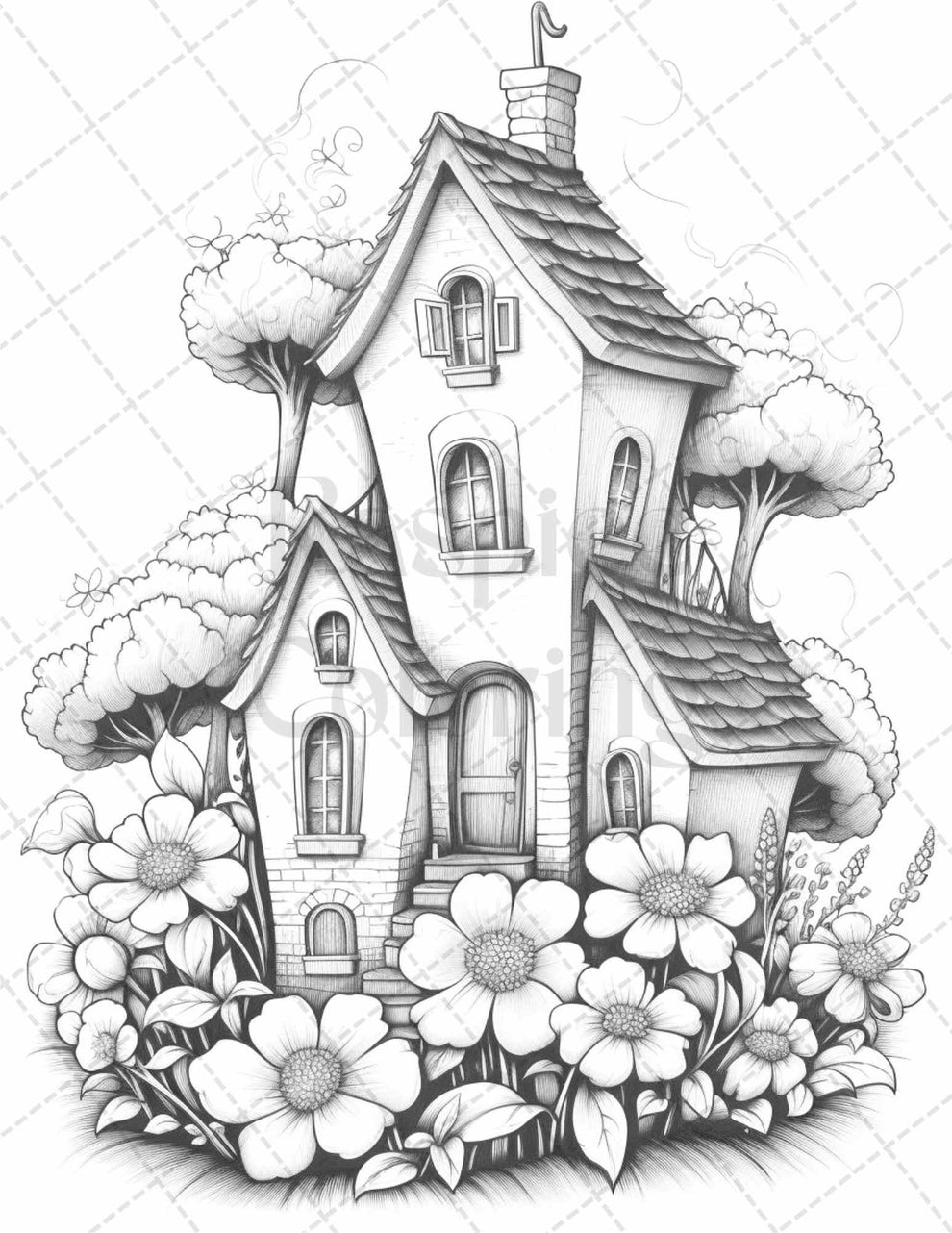 60 Flower Houses Grayscale Coloring Pages Printable for Adults, PDF Fi