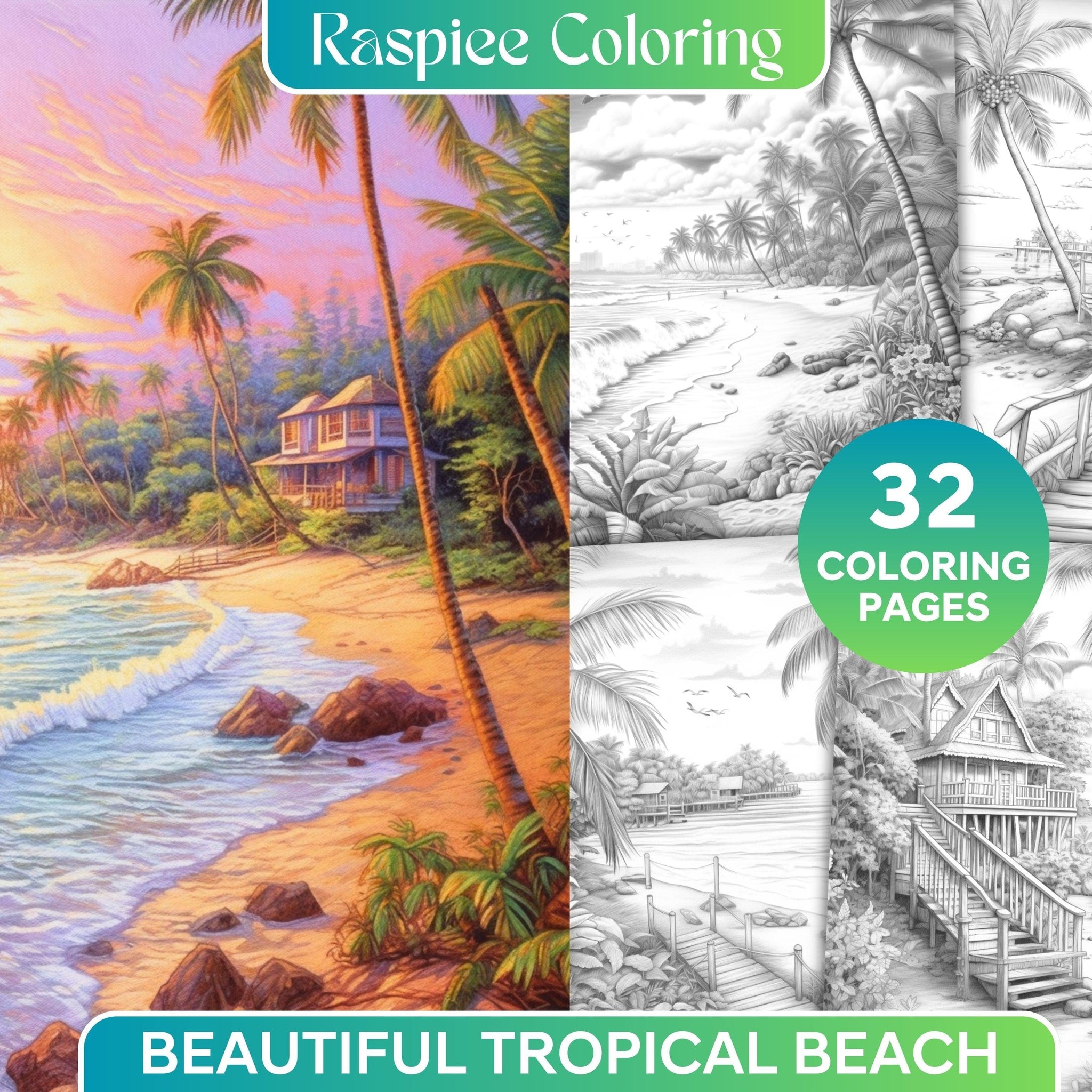 Beautiful Tropical Beach Grayscale Coloring Pages Printable for Adults
