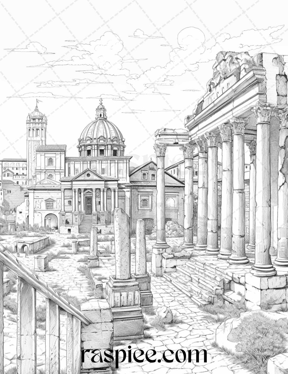 Roman Architecture Grayscale Coloring Pages Printable for Adults, PDF