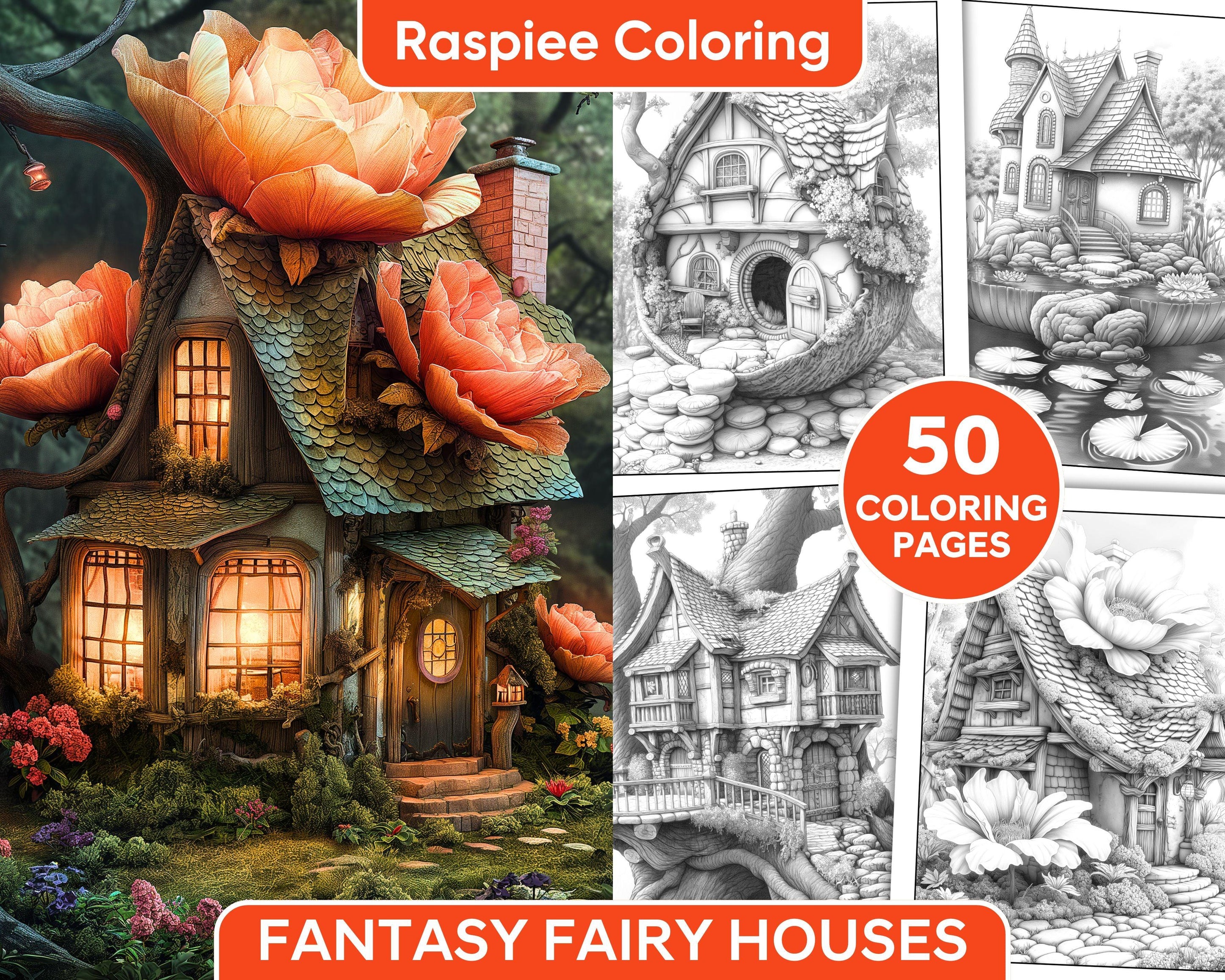 50 Fantasy Fairy Houses Adult Coloring Pages Printable PDF Instant Dow ...
