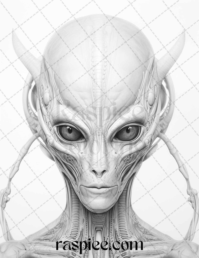 65 Alien Portrait Grayscale Coloring Pages for Adults, Printable PDF F