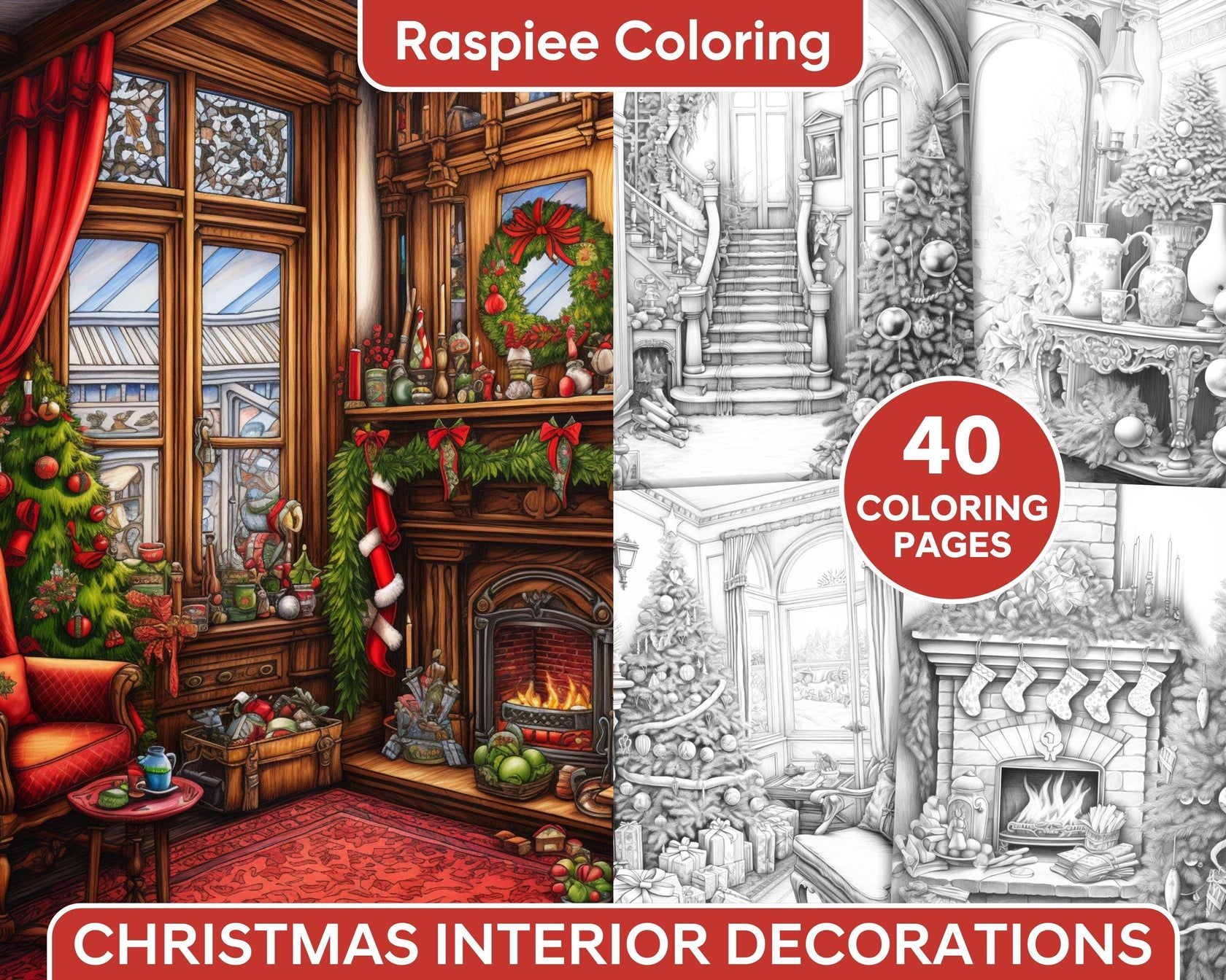 40 Christmas Interior Decorations Grayscale Coloring Pages for Adults ...