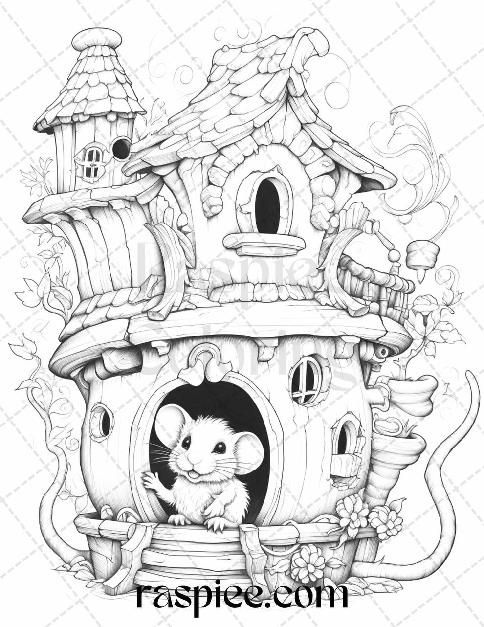 40 Magical Mouse Houses Grayscale Coloring Pages Printable for Adults,