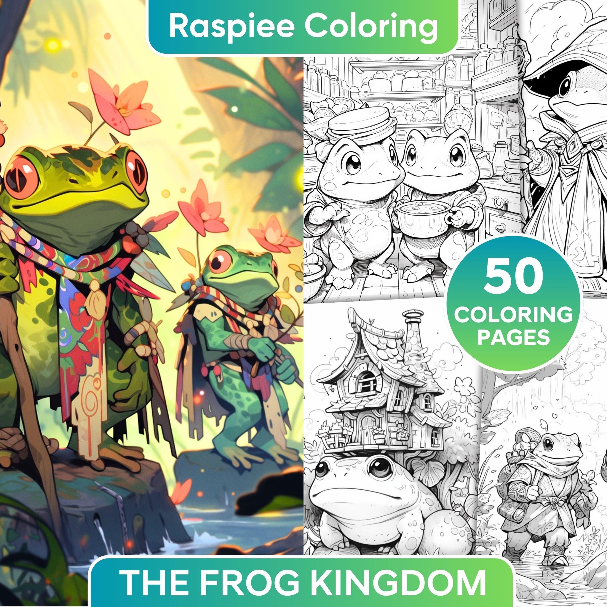 50 The Frog Kingdom Grayscale Coloring Pages for Adults, Printable PDF