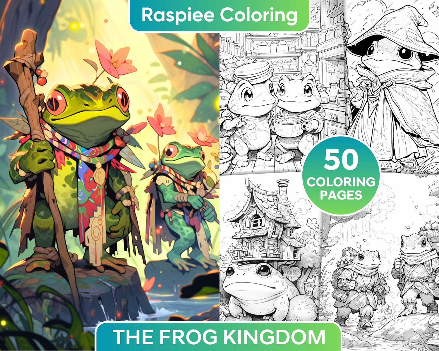 50 The Frog Kingdom Grayscale Coloring Pages for Adults, Printable PDF