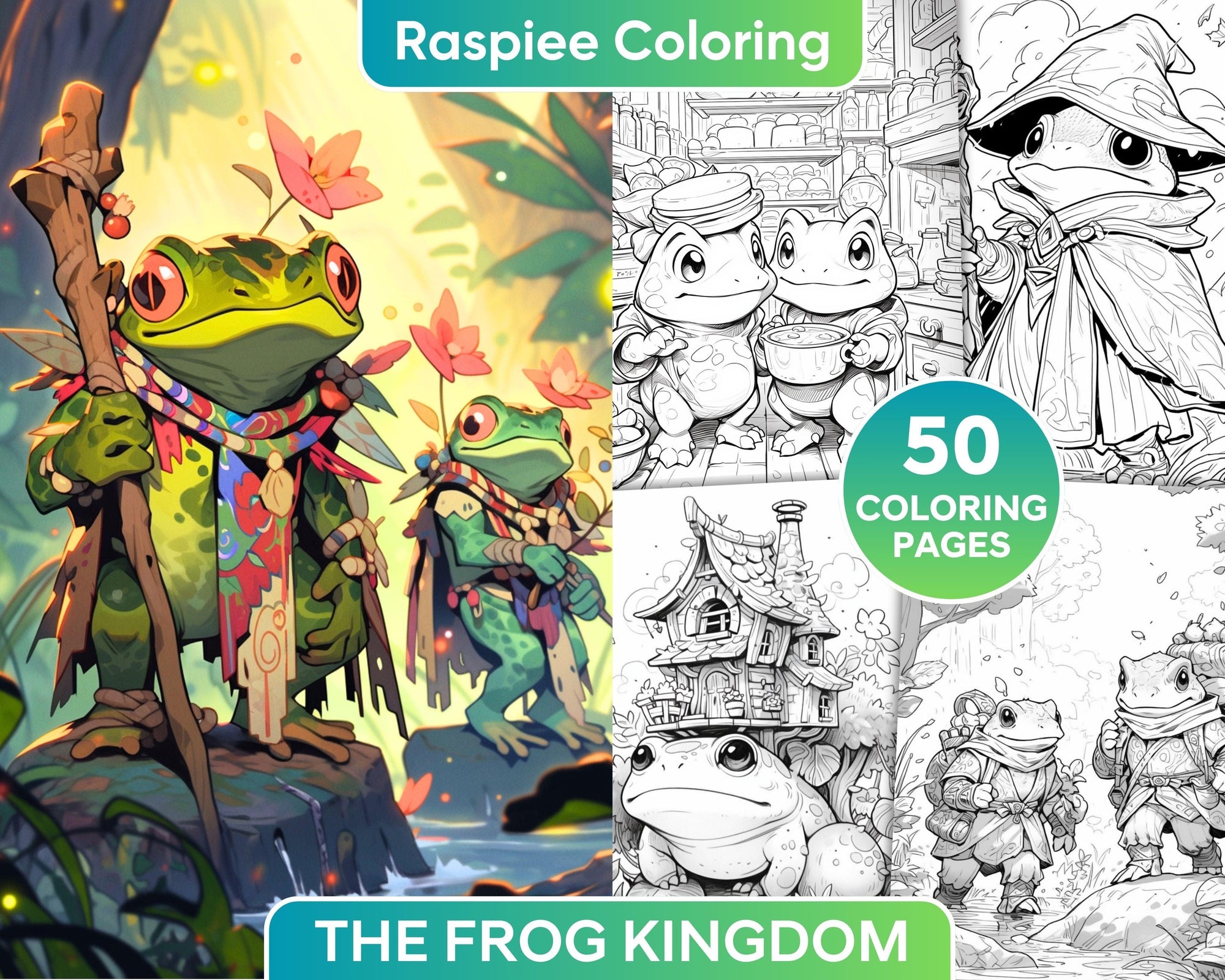 50 The Frog Kingdom Grayscale Coloring Pages for Adults, Printable PDF