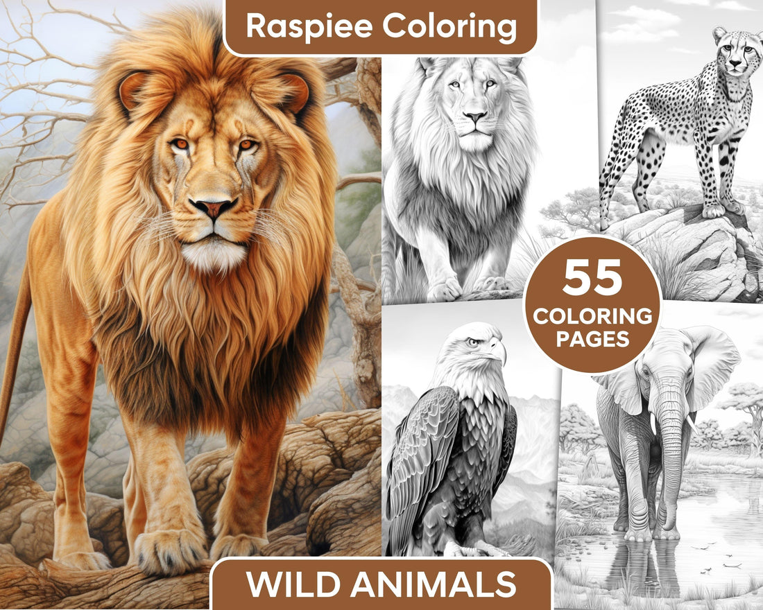 55 Wild Animals Grayscale Coloring Pages for Adults, Printable PDF Ins