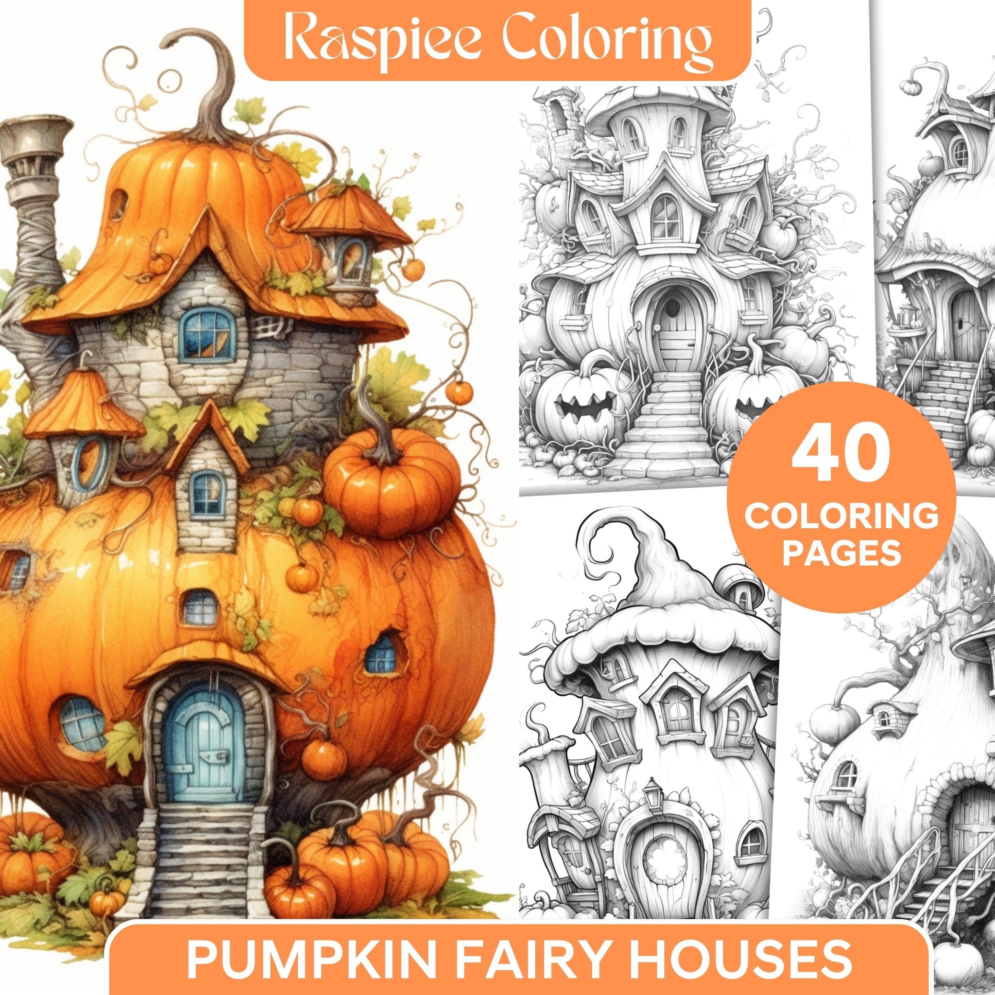 40 Pumpkin Fairy Houses Grayscale Coloring Pages Printable for Adults,