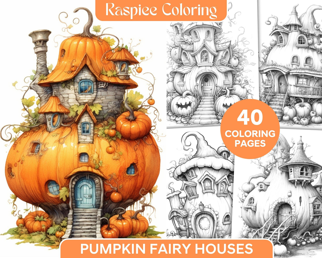 40 Pumpkin Fairy Houses Grayscale Coloring Pages Printable for Adults,