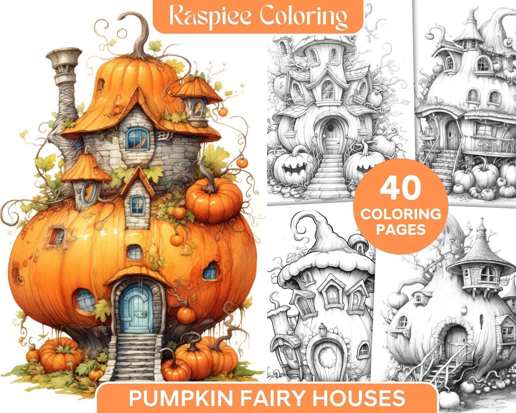 40 Pumpkin Fairy Houses Grayscale Coloring Pages Printable for Adults,