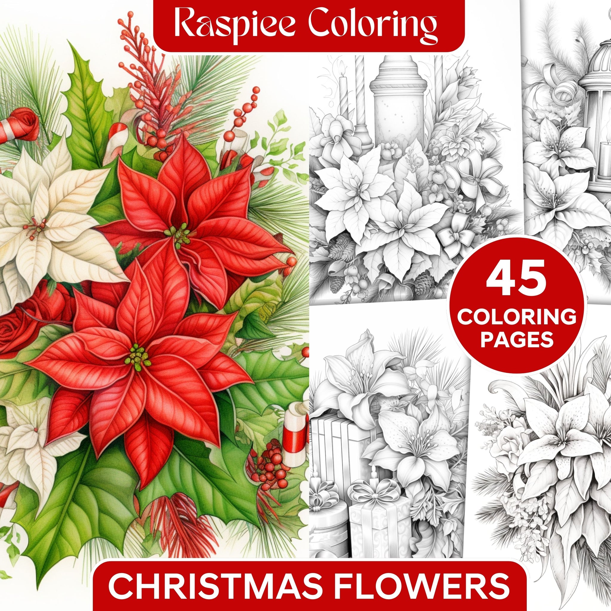 45 Christmas Flowers Grayscale Coloring Pages Printable for Adults, PD