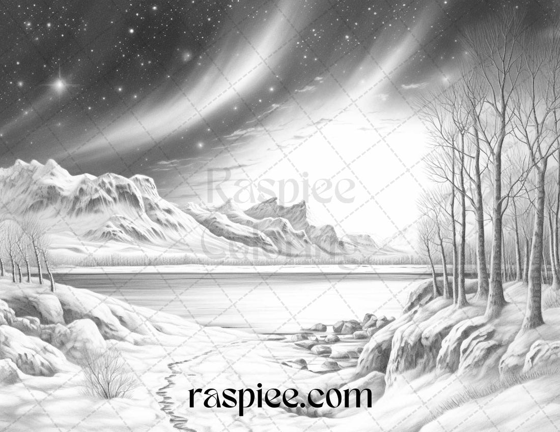 Aurora Borealis Landscape Grayscale Coloring Pages for Adults, Printab