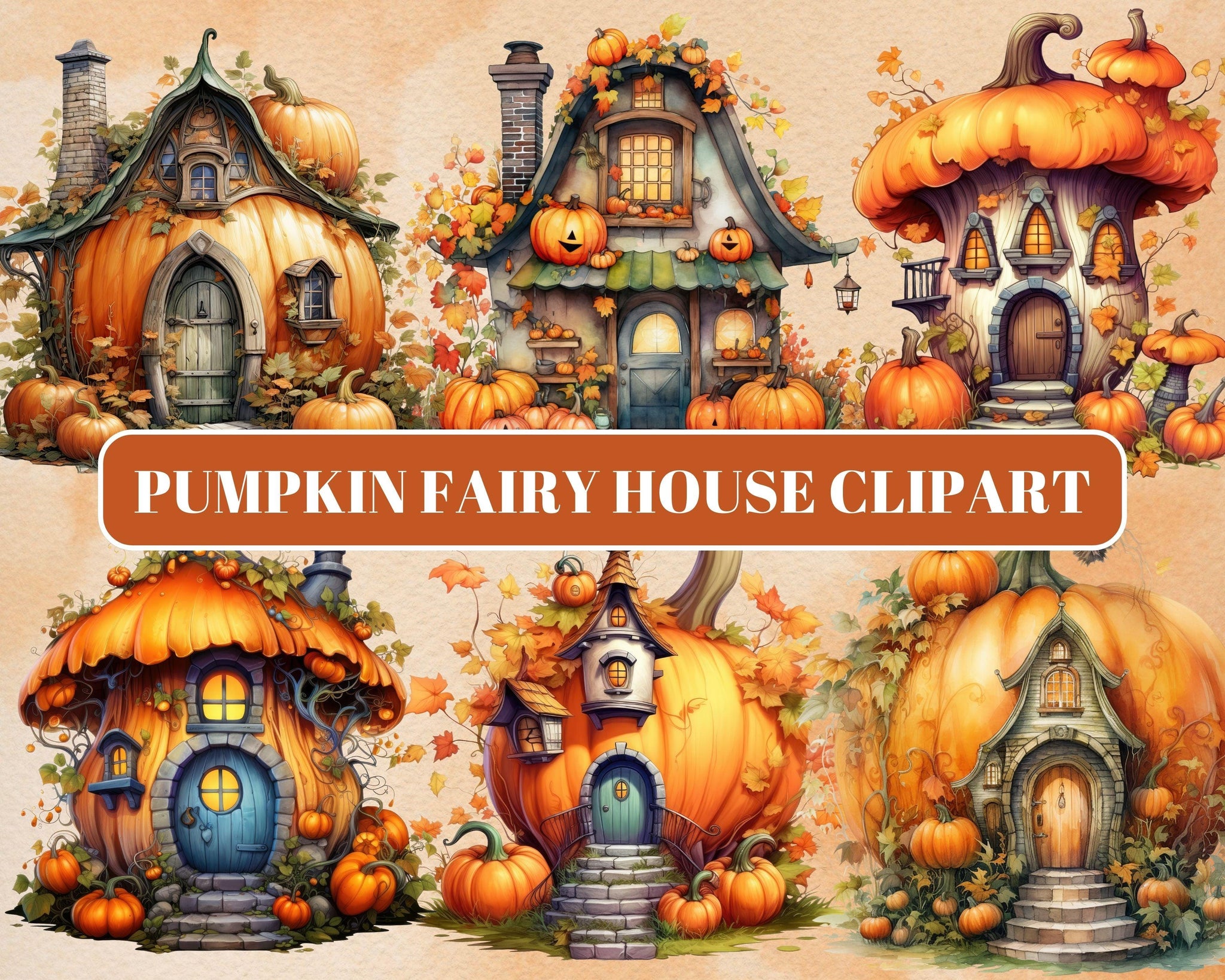 44 PNG Watercolor Pumpkin Fairy House Clipart, Autumn Halloween Illust ...