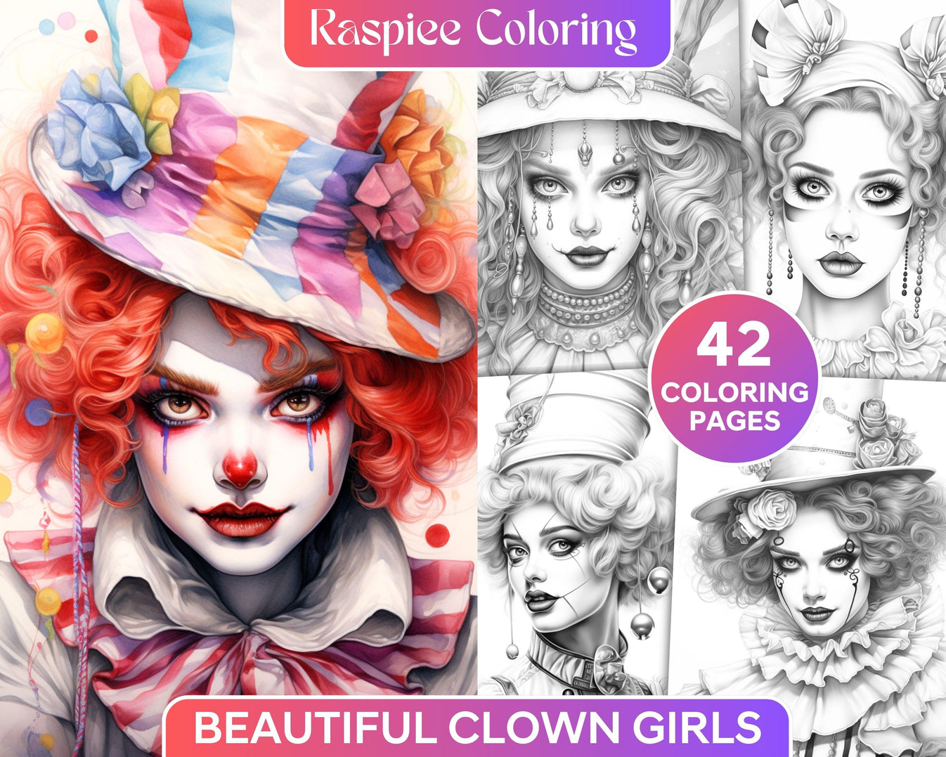 42 Beautiful Clown Girls Grayscale Coloring Pages Printable for Adults