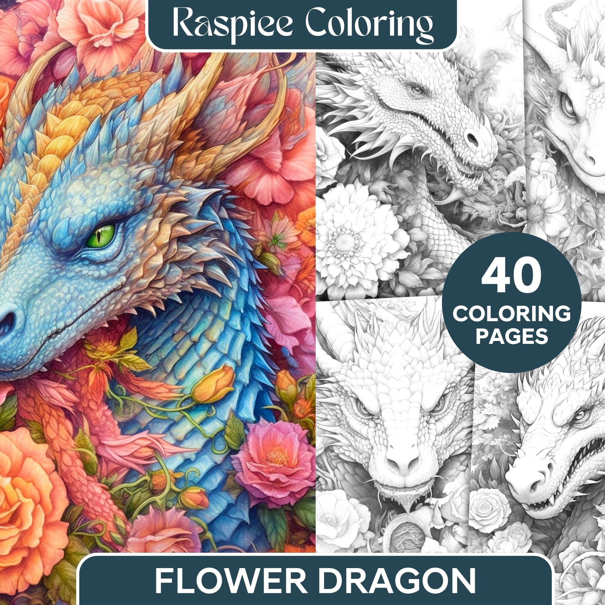 40 Flower Dragon Grayscale Coloring Pages Printable for Adults, PDF Fi