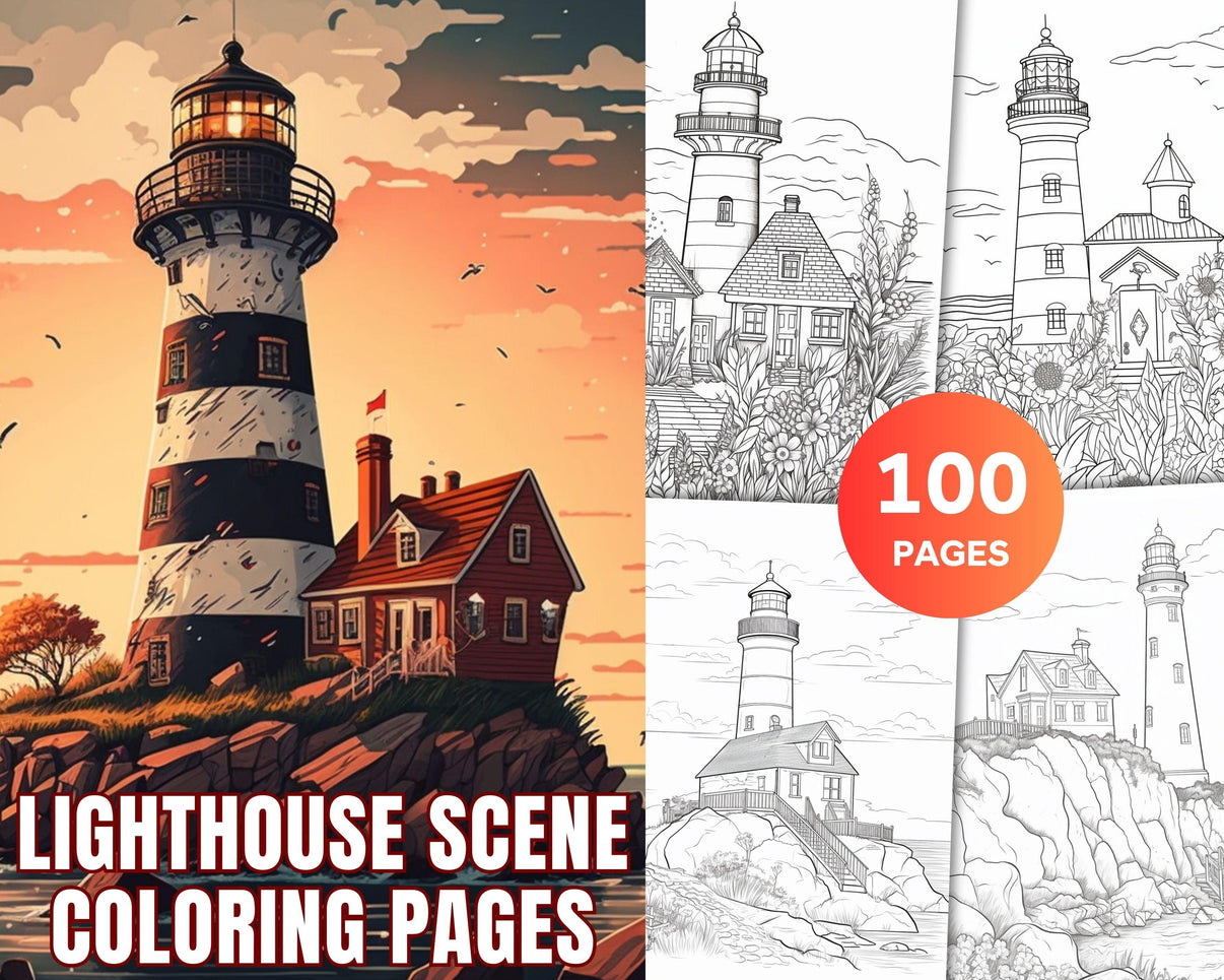100 Printable Lighthouse Scene Coloring Pages for Adults, Printable PD