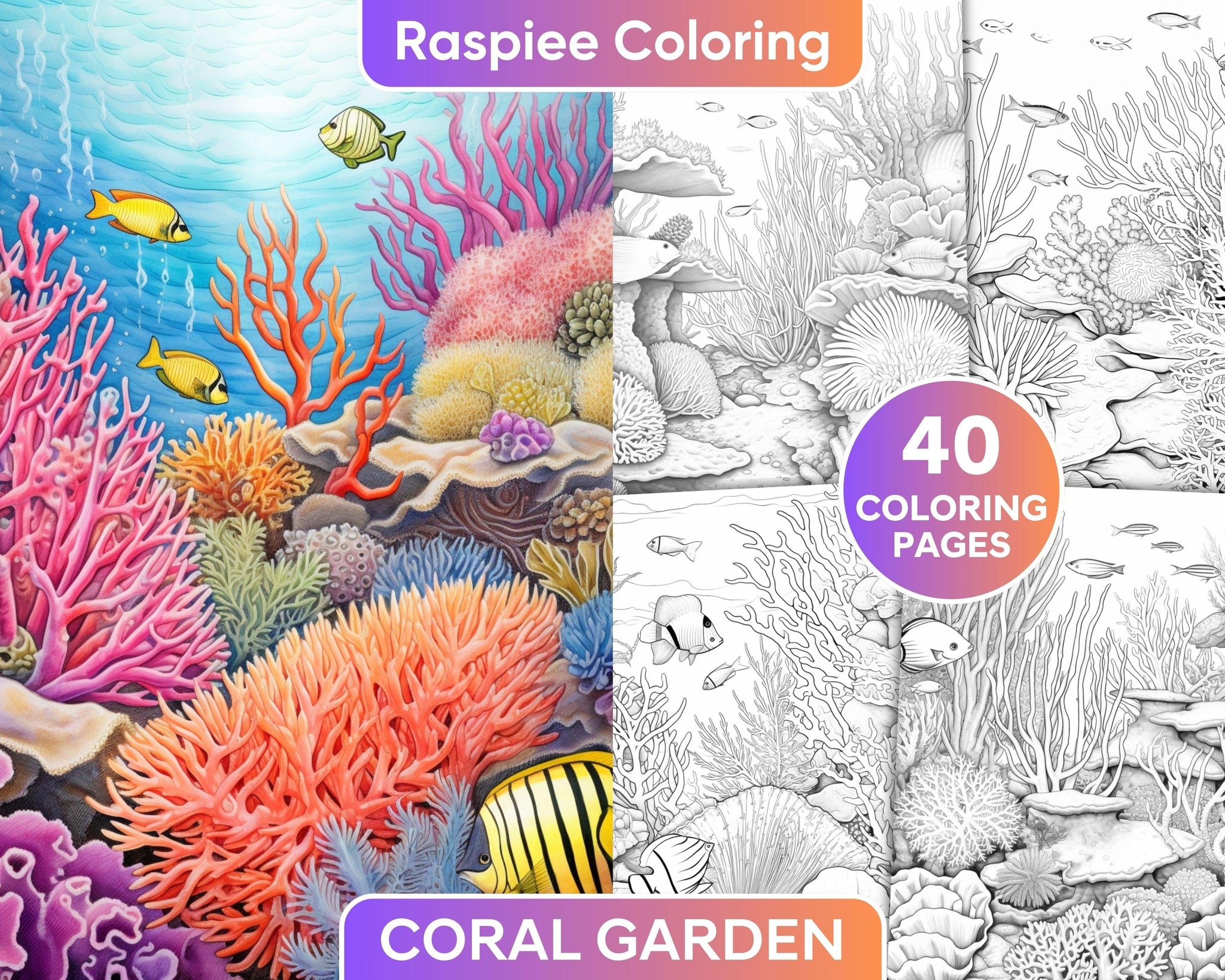 40 Colorful Coral Garden Grayscale Adult Coloring Pages, Printable PDF ...