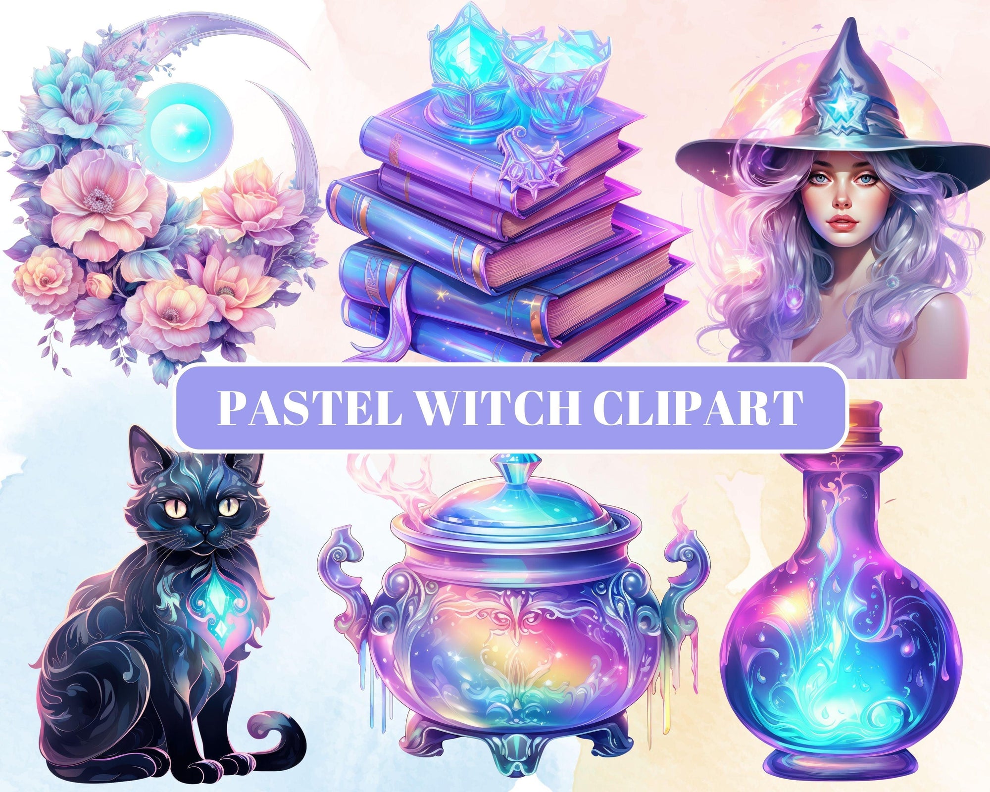 24 PNG Pastel Halloween Witch Clipart, Halloween Witch Illustrations,